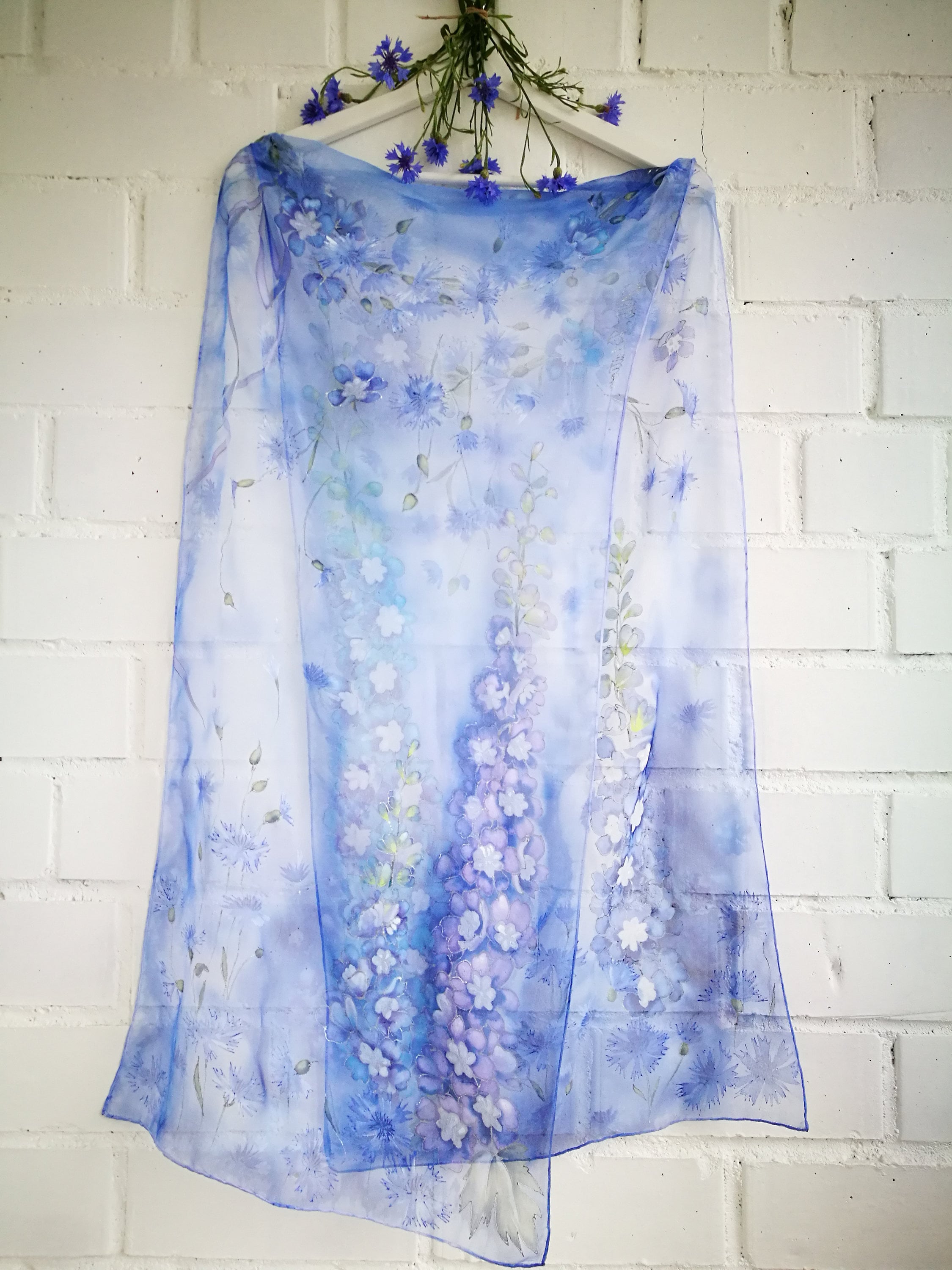 Delphiniums and Cornflowers Silk Chiffon Scarf blue Hand | Etsy