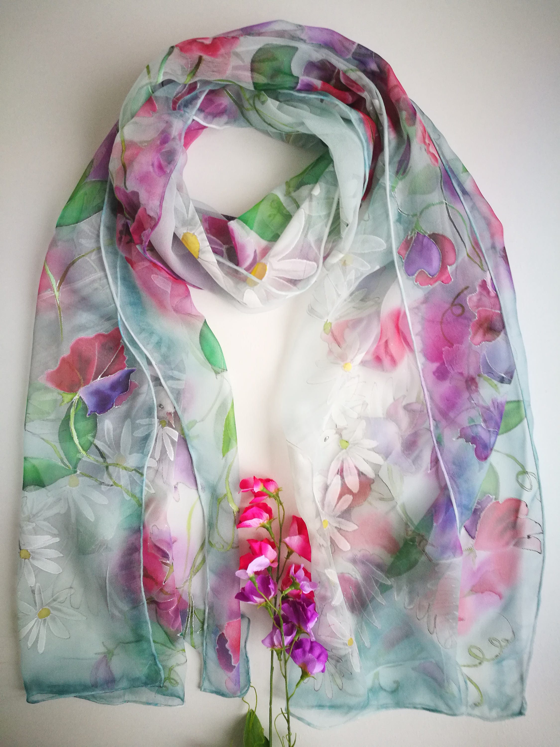 April silk Chiffon scarf Daisy and Sweet Pea pale Blue gray | Etsy