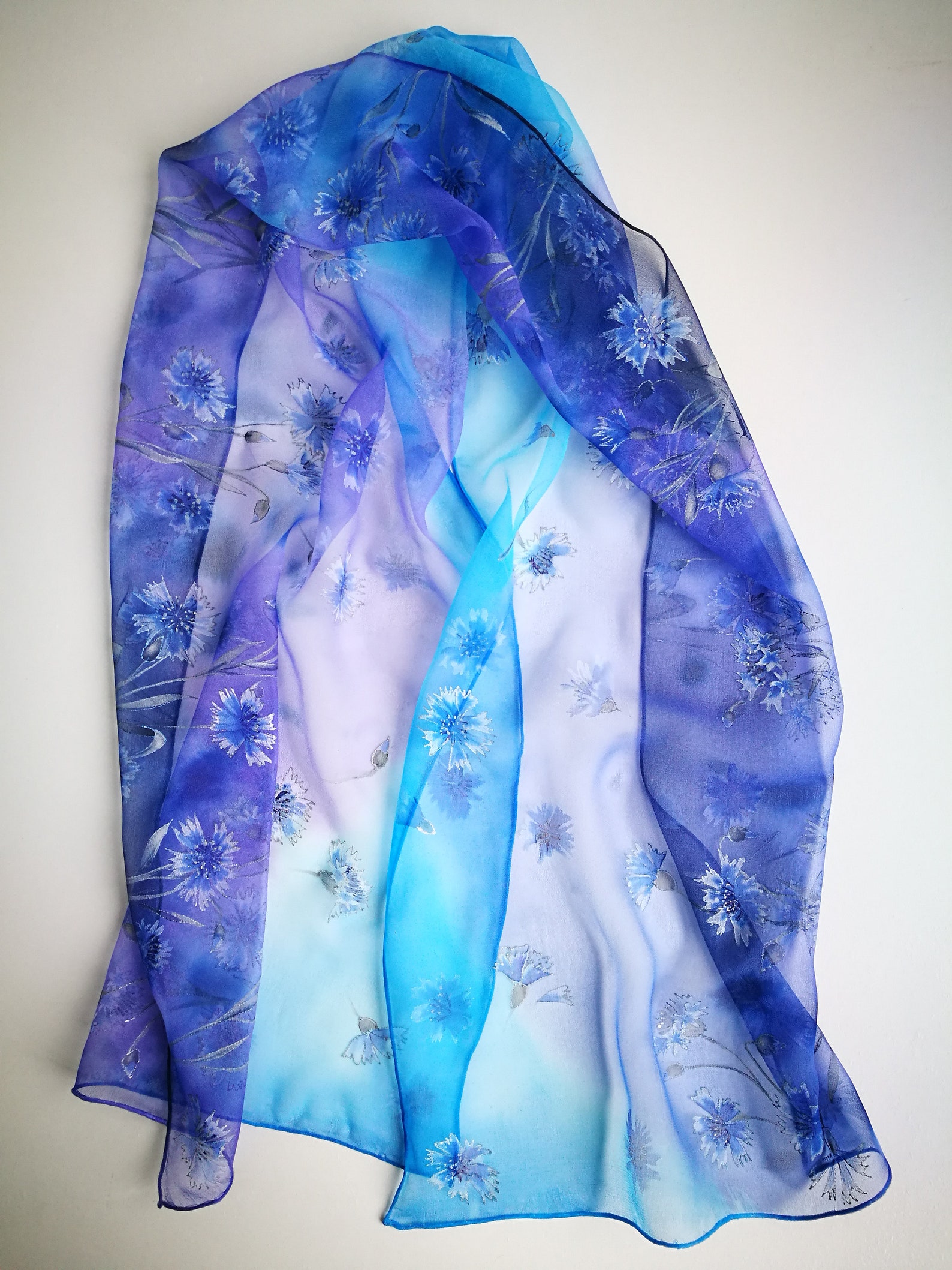 Cornflower blue silk chiffon scarf Hand painted blue floral | Etsy