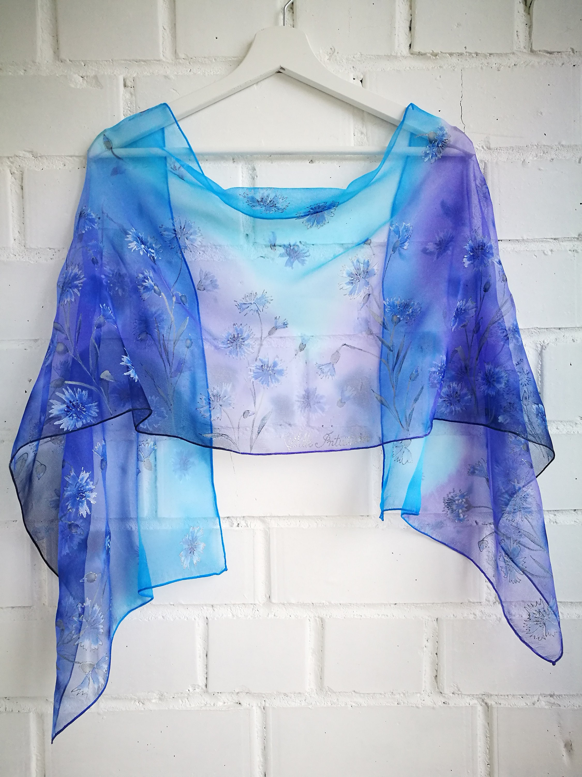 Cornflower blue silk chiffon scarf Hand painted blue floral | Etsy