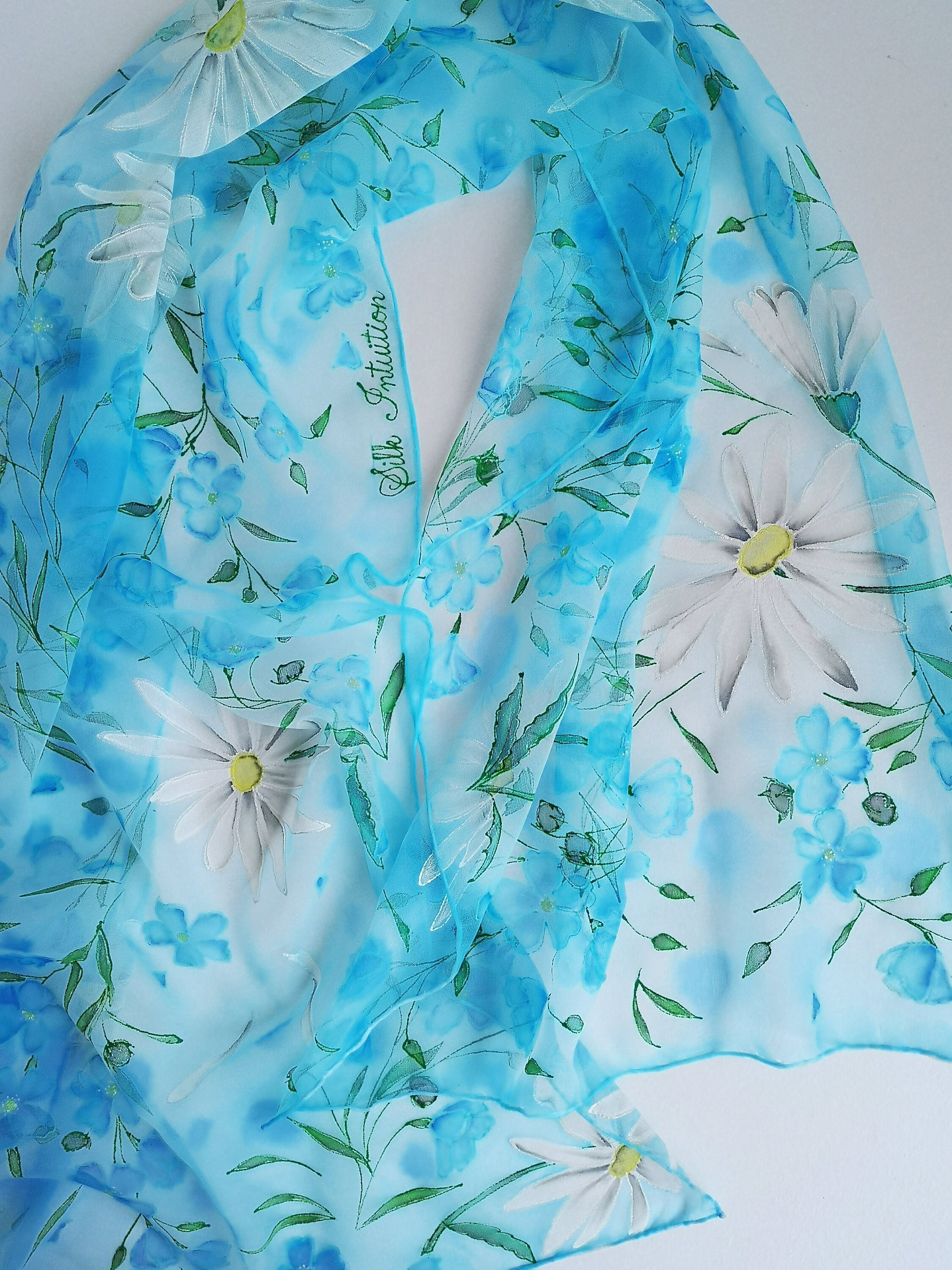Blue Floral Silk Scarf flax and Daisy Chiffon Scarf Flax | Etsy