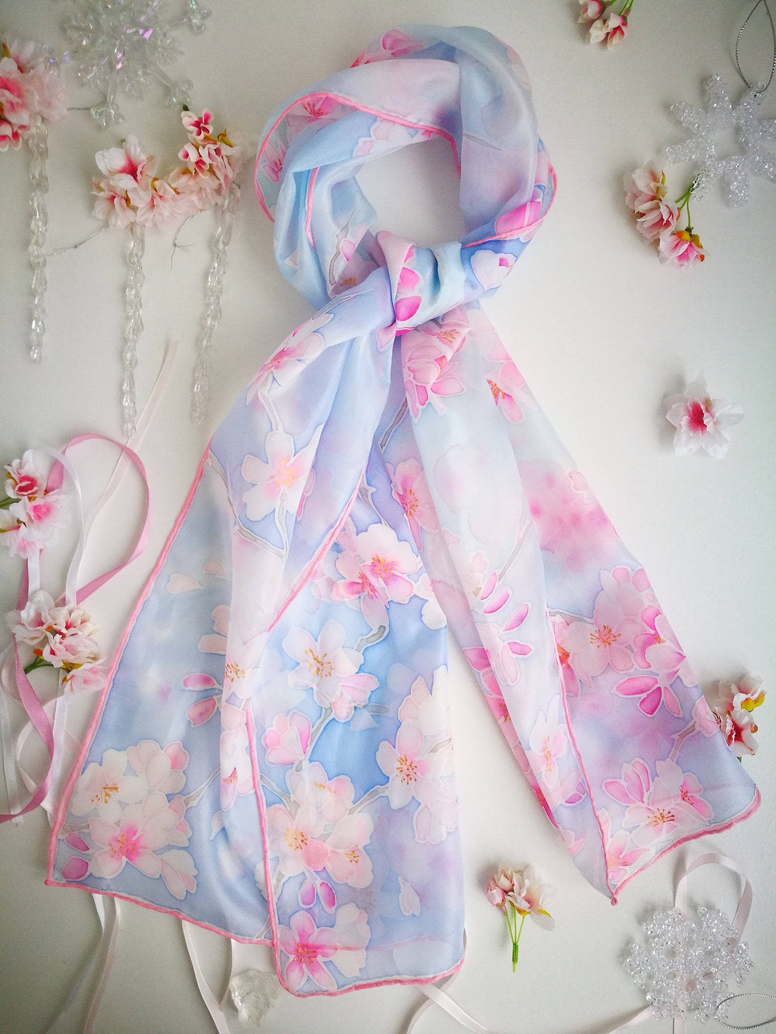 Hand Painted Cherry Blossom Silk Scarf: Light Floral Shawl - Etsy