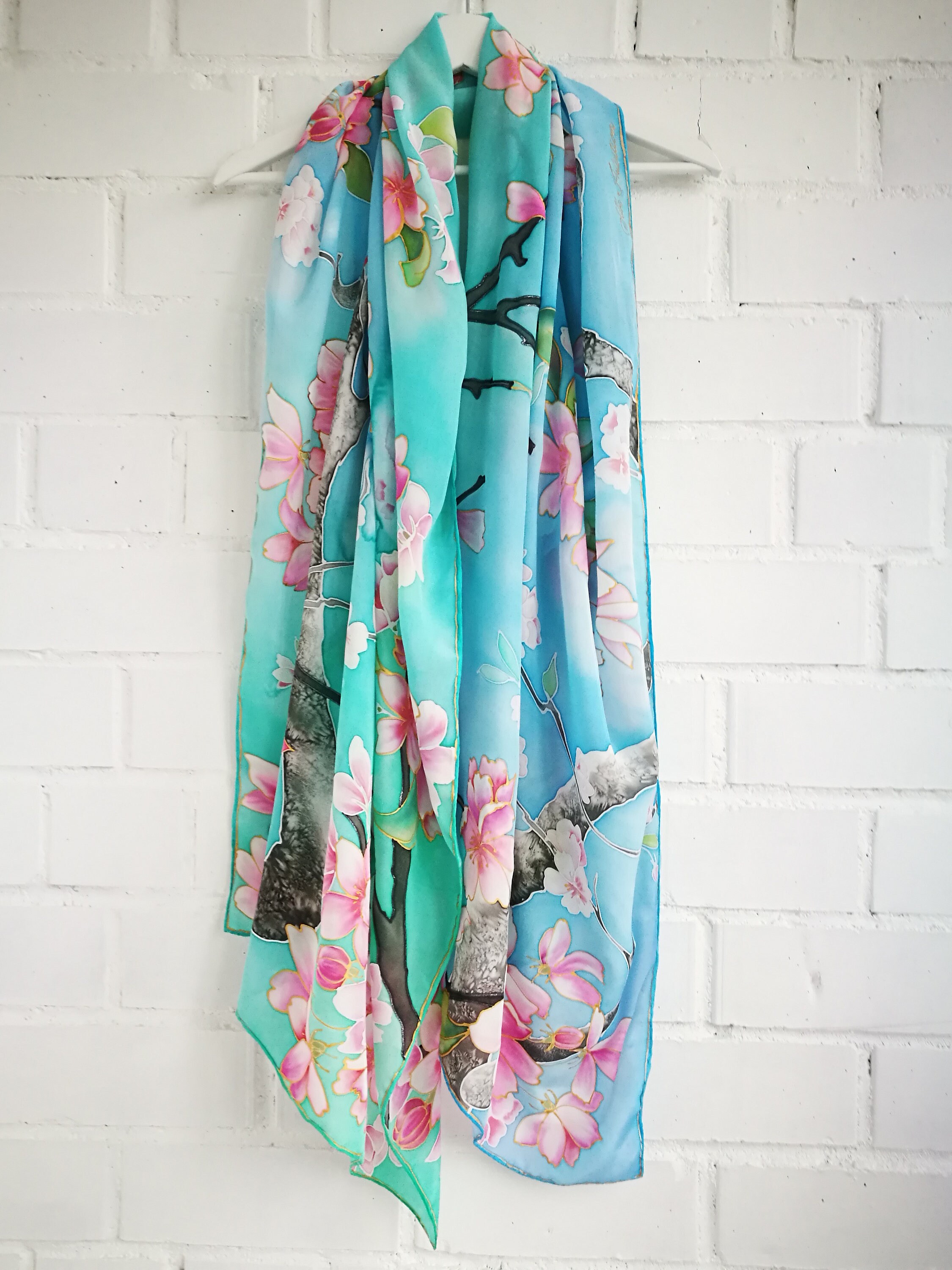 Cherry Blossom Silk Scarf Sakura Wrap Floral Silk Shawl Blue | Etsy