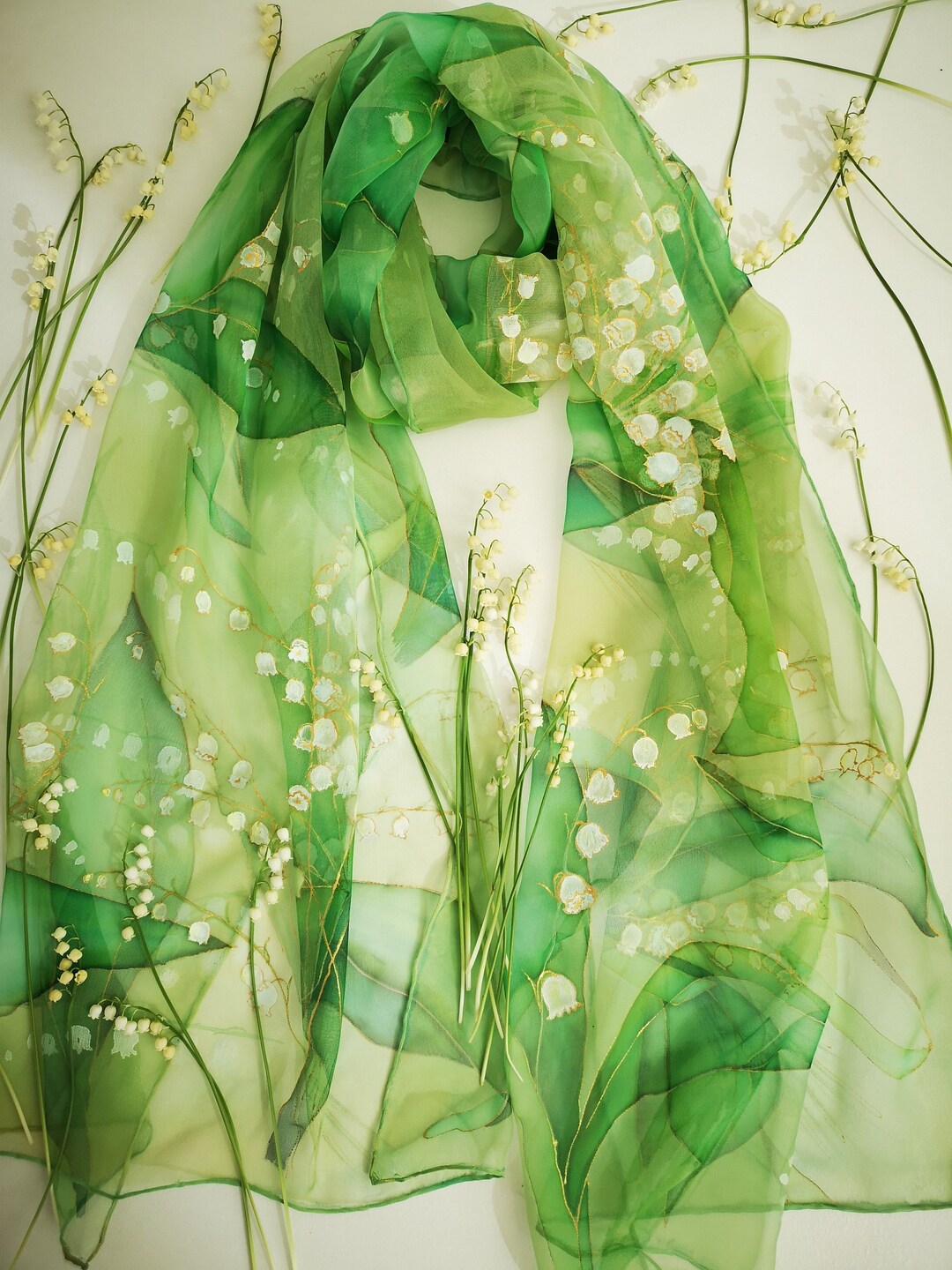 Hand Painted Lily of the Valley Silk Chiffon Scarf: Green Floral ...