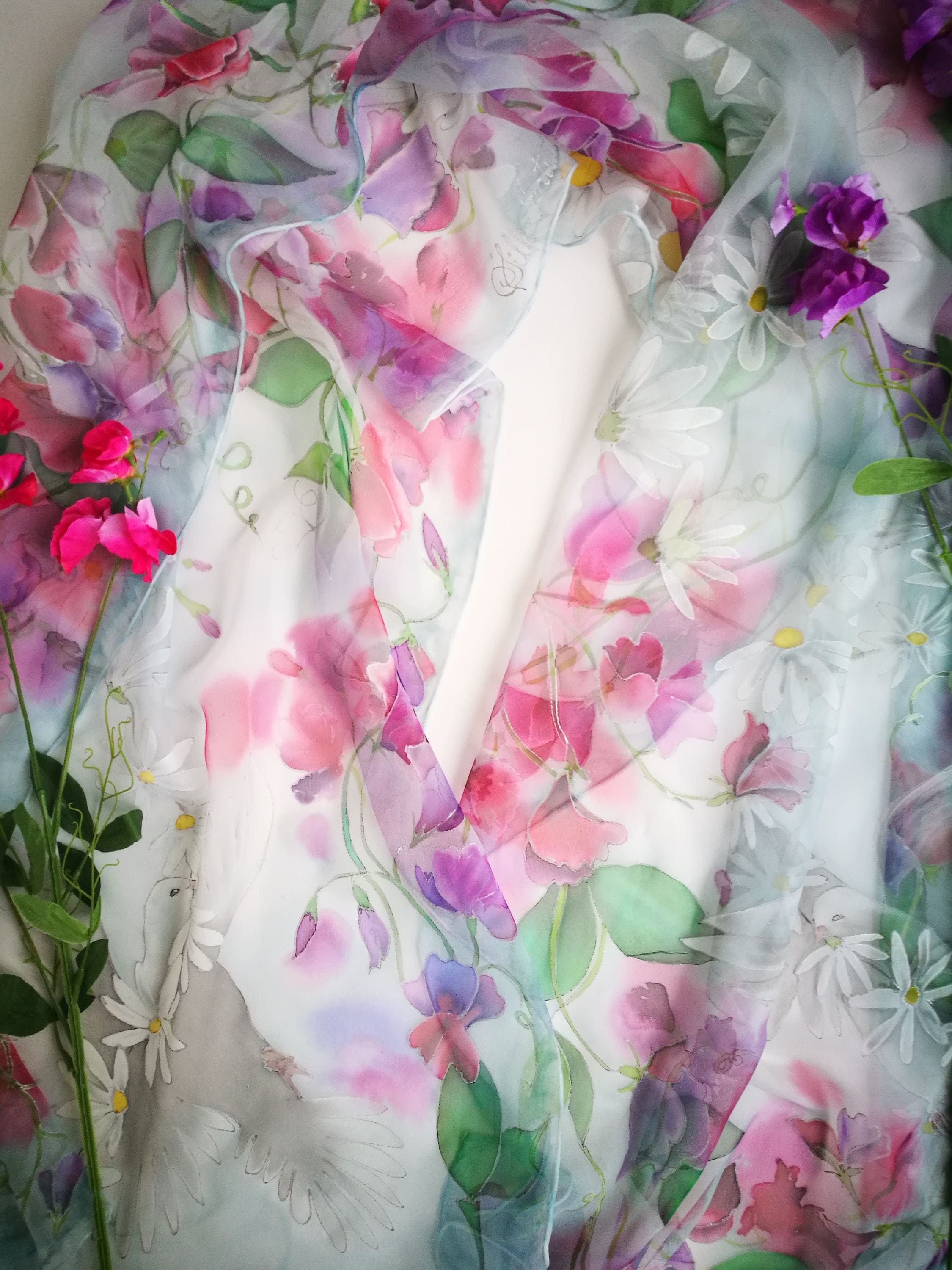 April silk Chiffon scarf Daisy and Sweet Pea pale Blue gray | Etsy