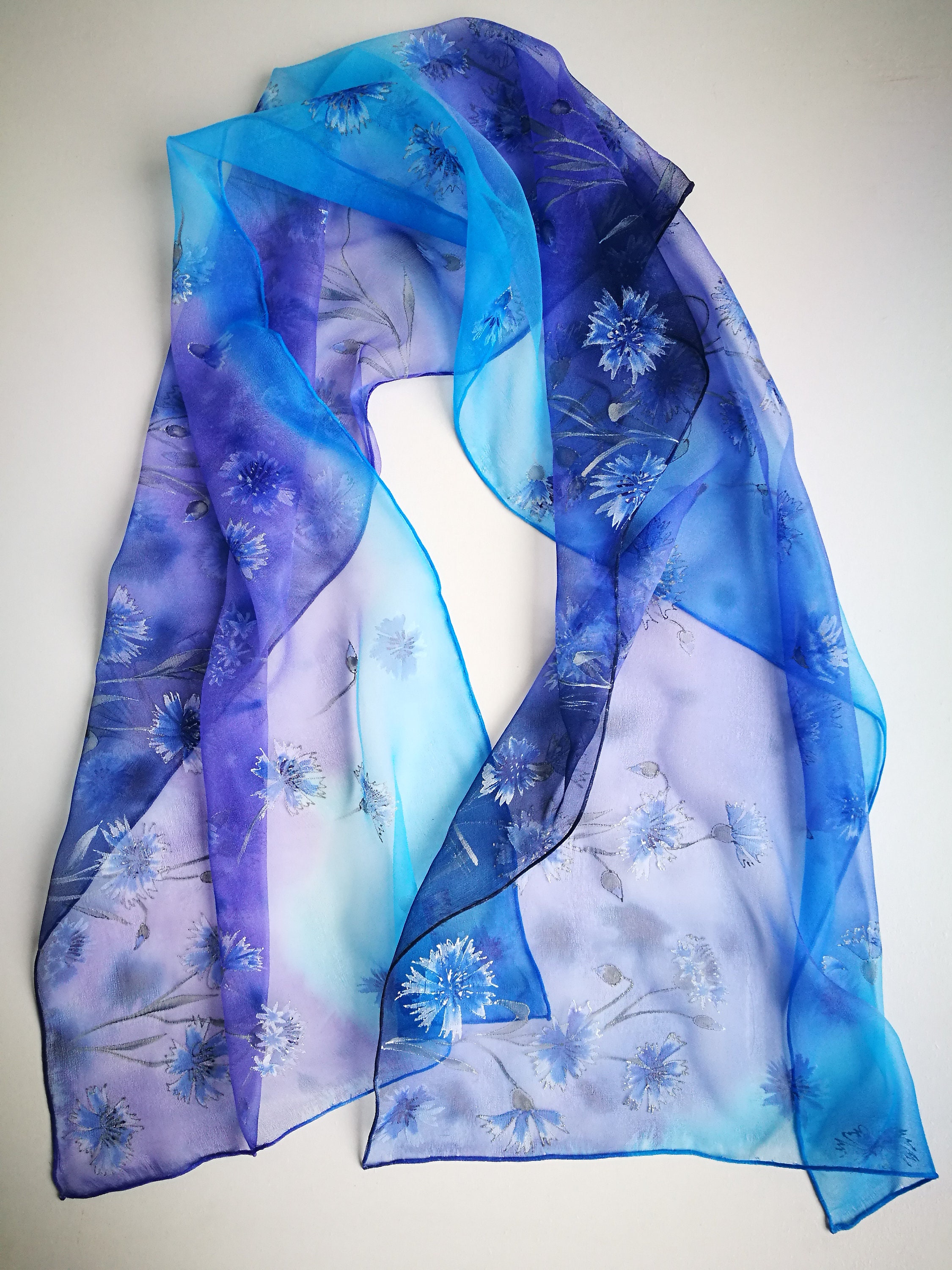Cornflower blue silk chiffon scarf Hand painted blue floral | Etsy