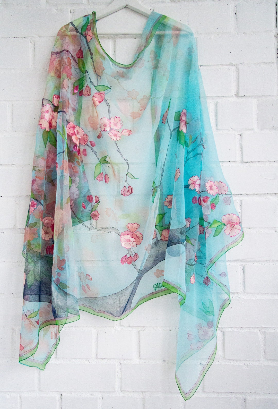 Sakura Scarf Cherry Blossoms Shawl Tree Scarf Pink Aqua Mint Sky Blue ...