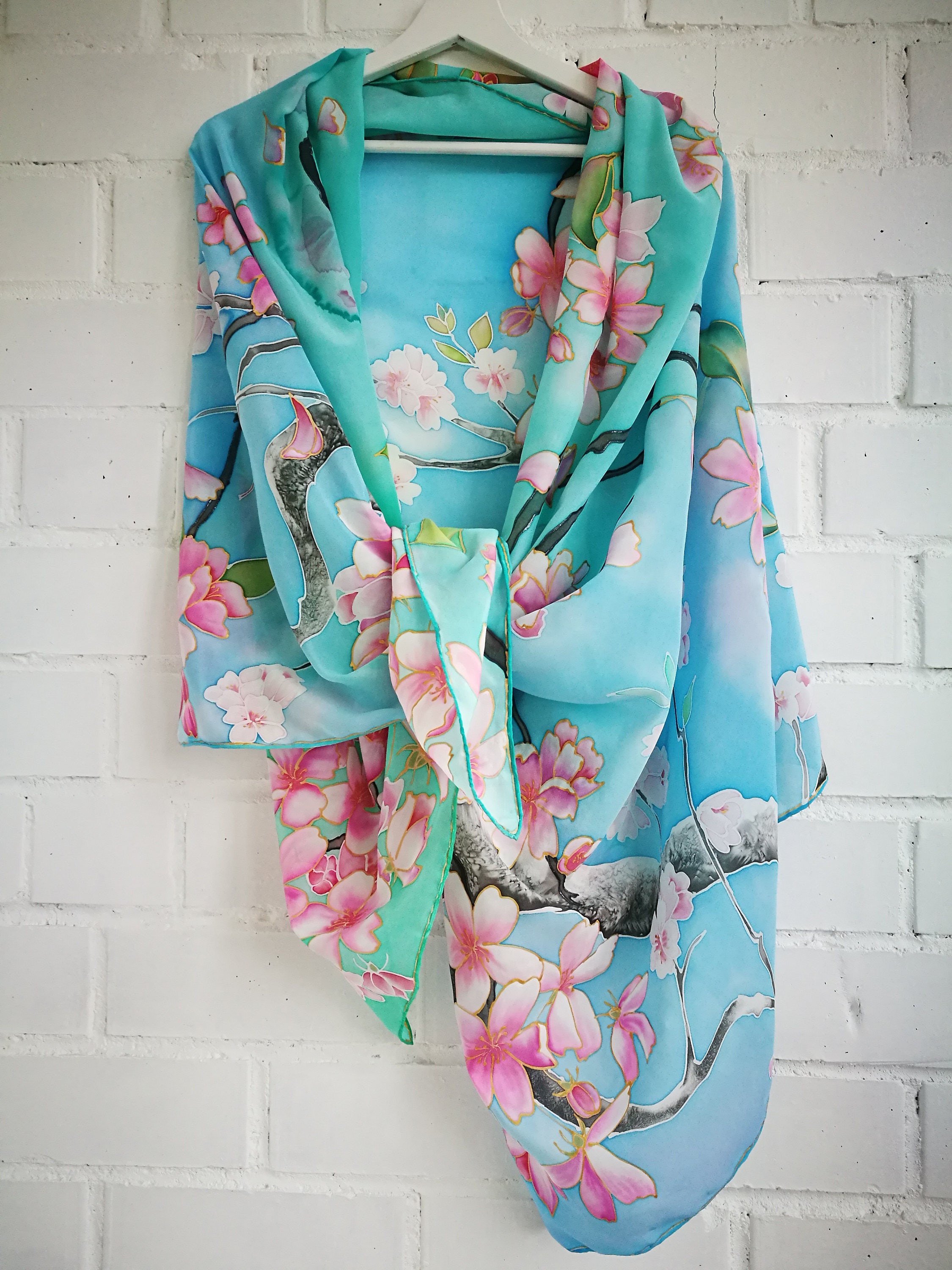 Cherry Blossom Silk Scarf Sakura Wrap Floral Silk Shawl Blue - Etsy