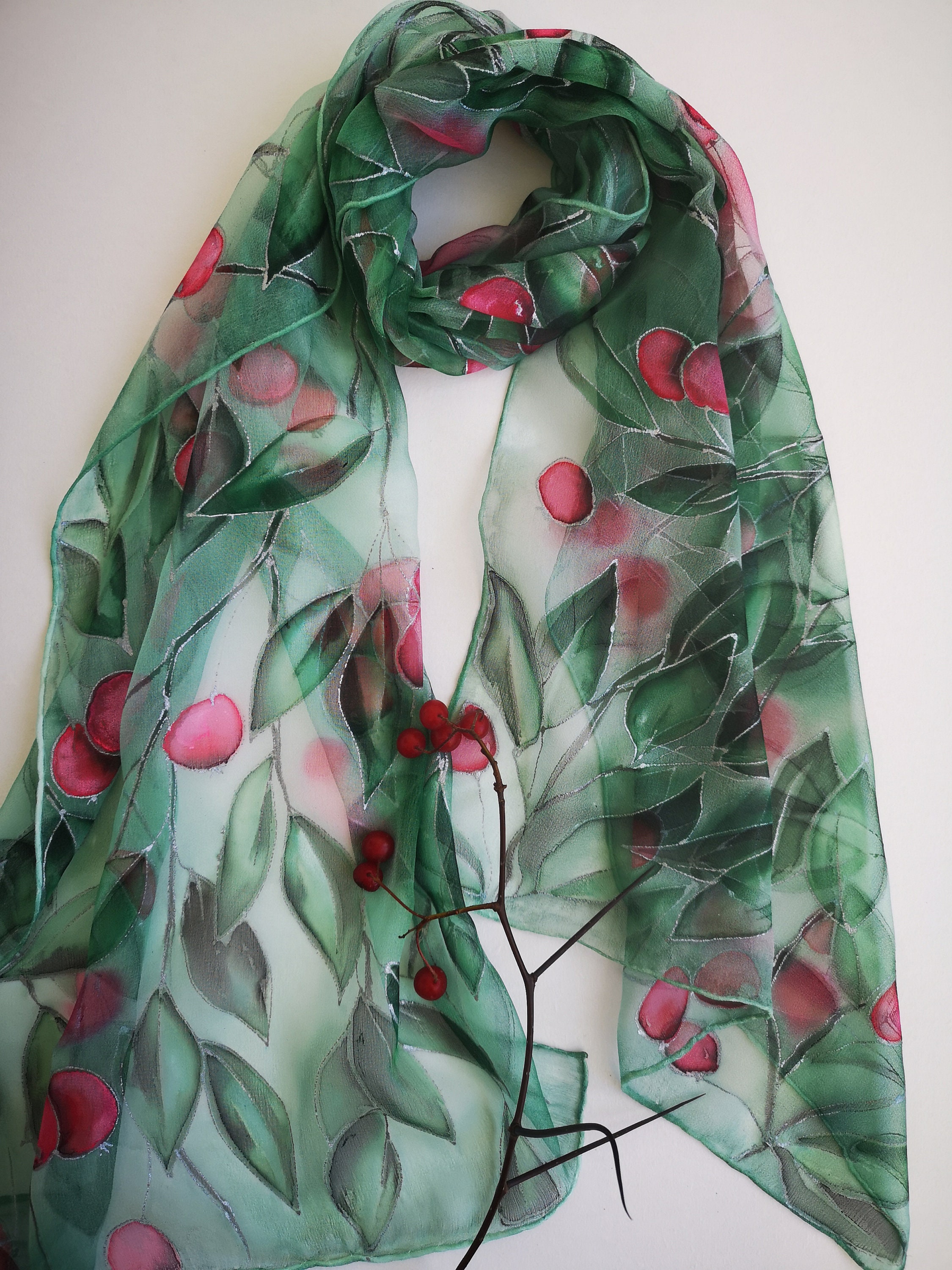 Paradies Äpfel Seide Chiffon Schal-Hand bemalt wilden Apfel - Etsy.de
