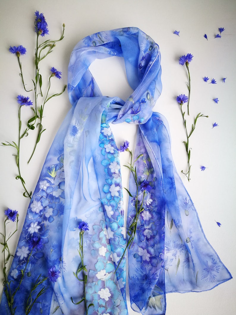 Delphiniums and Cornflowers Silk Chiffon Scarf blue Hand | Etsy