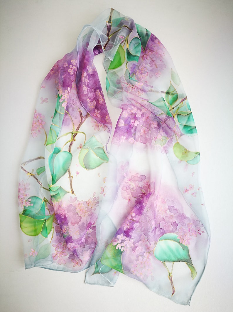 Lilac Scarf Purple Blue Grey Green Silk Scarves Hand Painted | Etsy