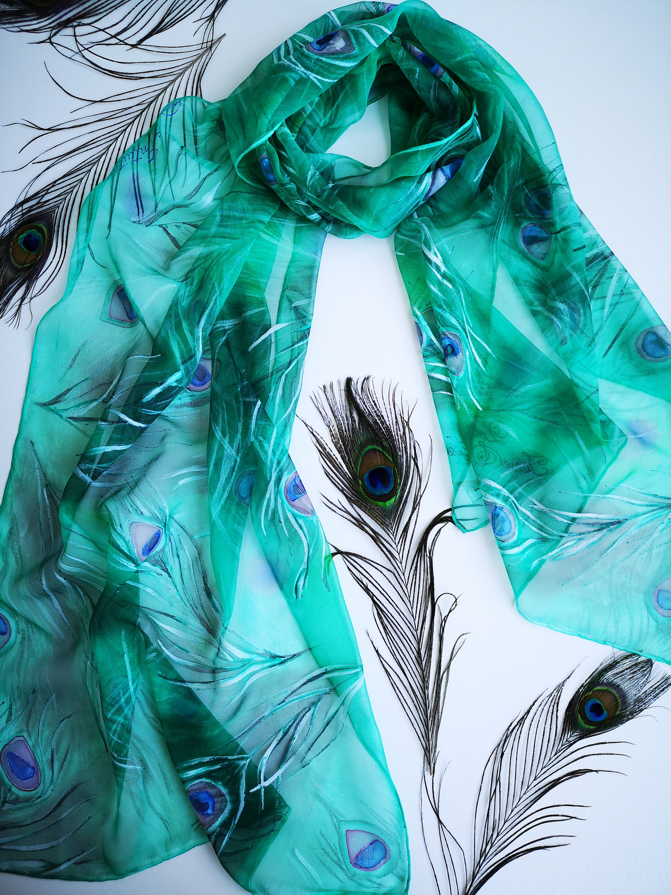 Peacock Feathers Scarf Hand Painted Emerald/jade Silk Chiffon - Etsy UK