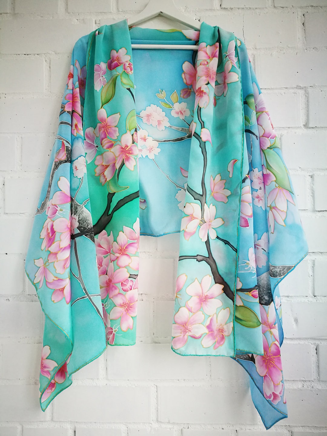 Cherry Blossom Silk Scarf Sakura Wrap Floral Silk Shawl Blue Turquoise ...