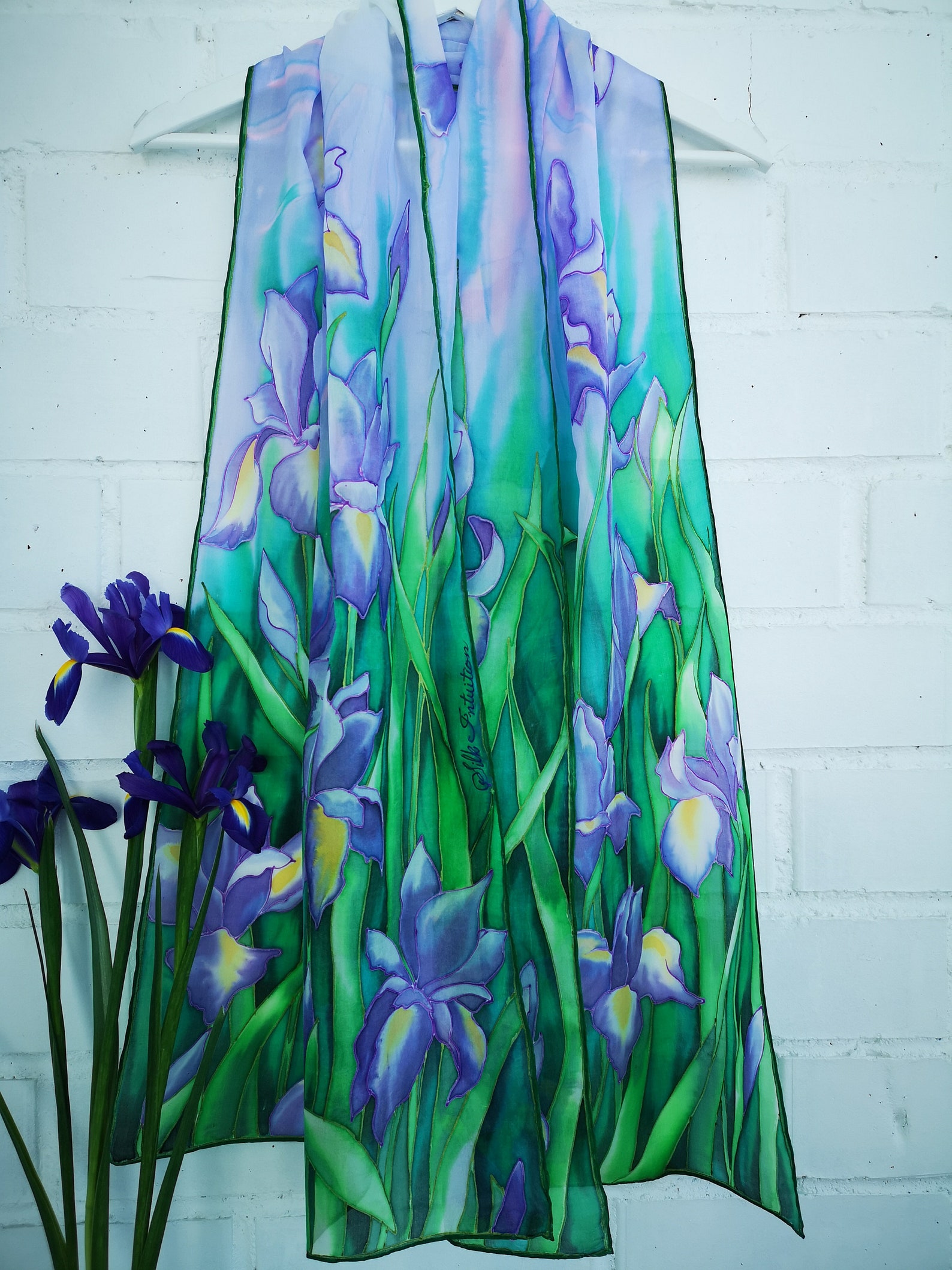 Iris silk scarf Hand painted purple green silk shawl-violet | Etsy