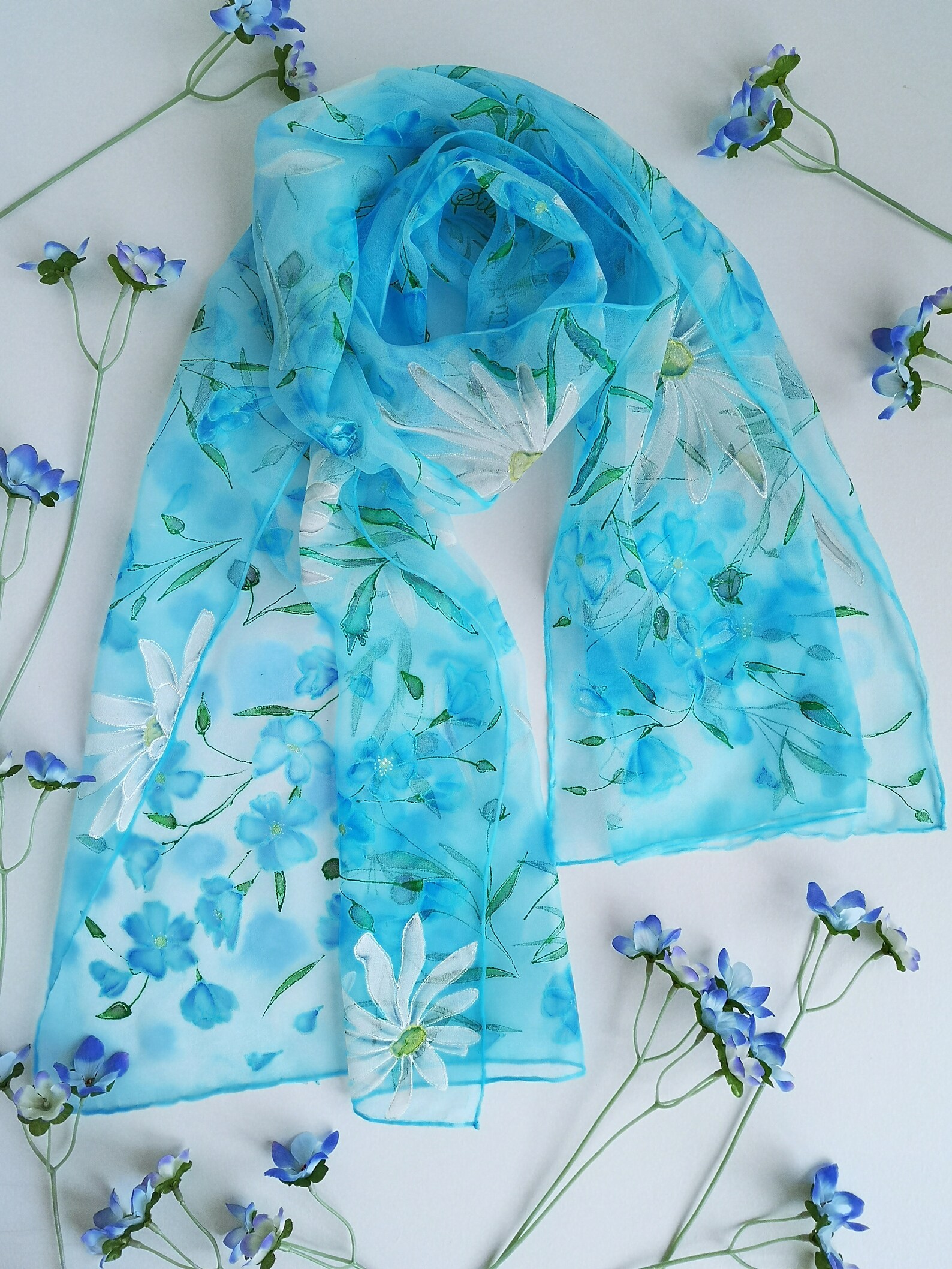 Blue Floral Silk Scarf flax and Daisy Chiffon Scarf Flax | Etsy