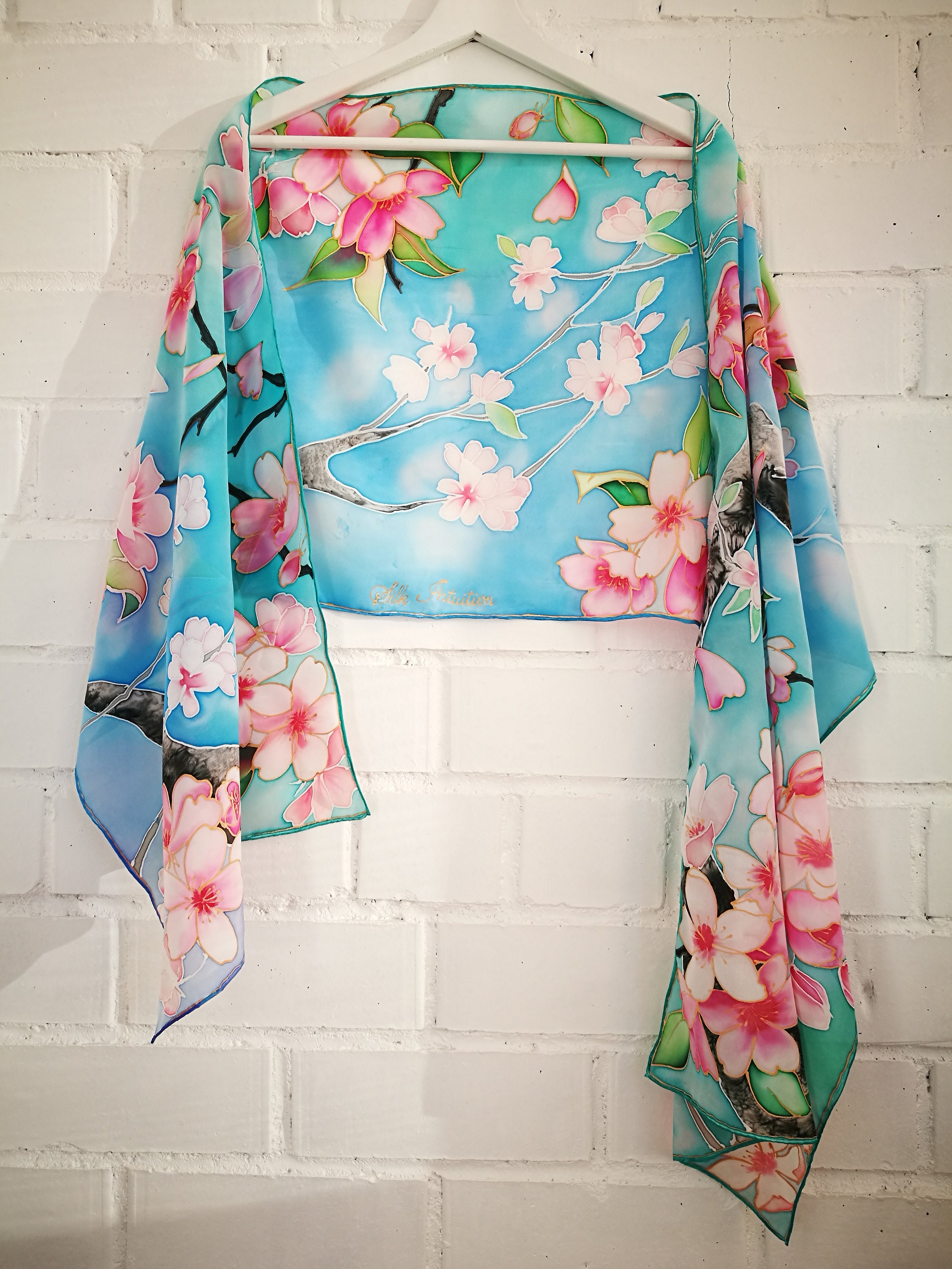 Cherry Blossom Silk Scarf Sakura Wrap Floral Silk Shawl Blue | Etsy