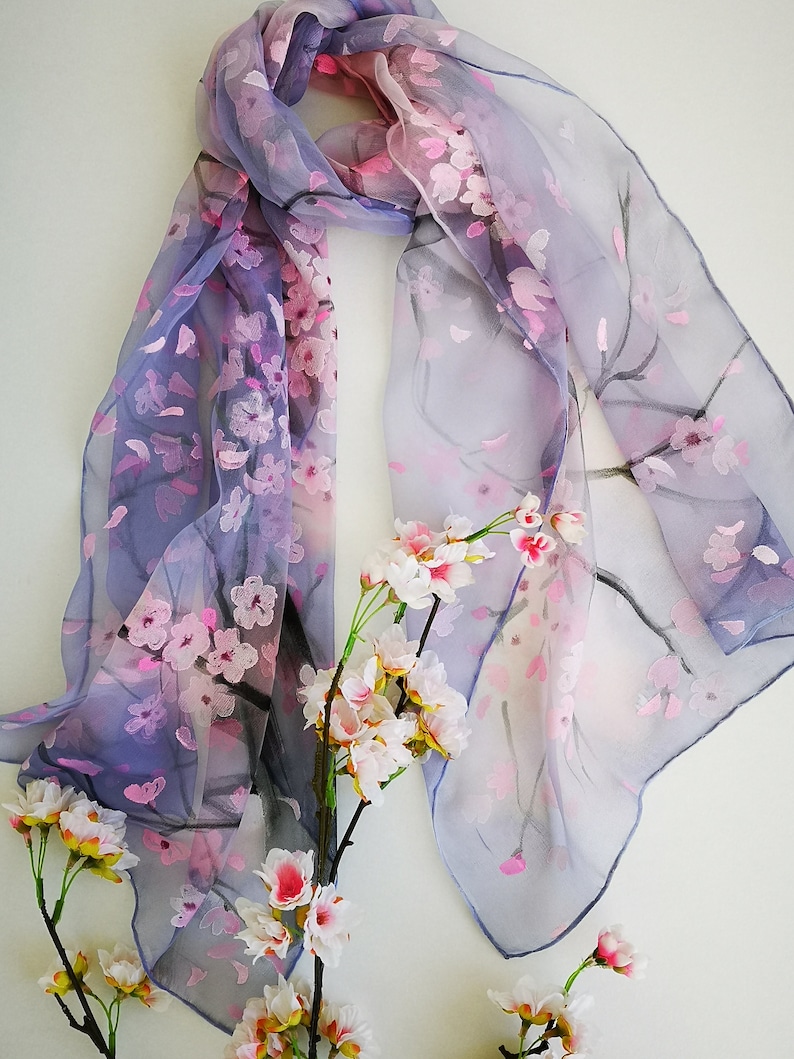 Hand Painted Cherry Blossom Silk Scarf Sakura Silk Chiffon - Etsy UK