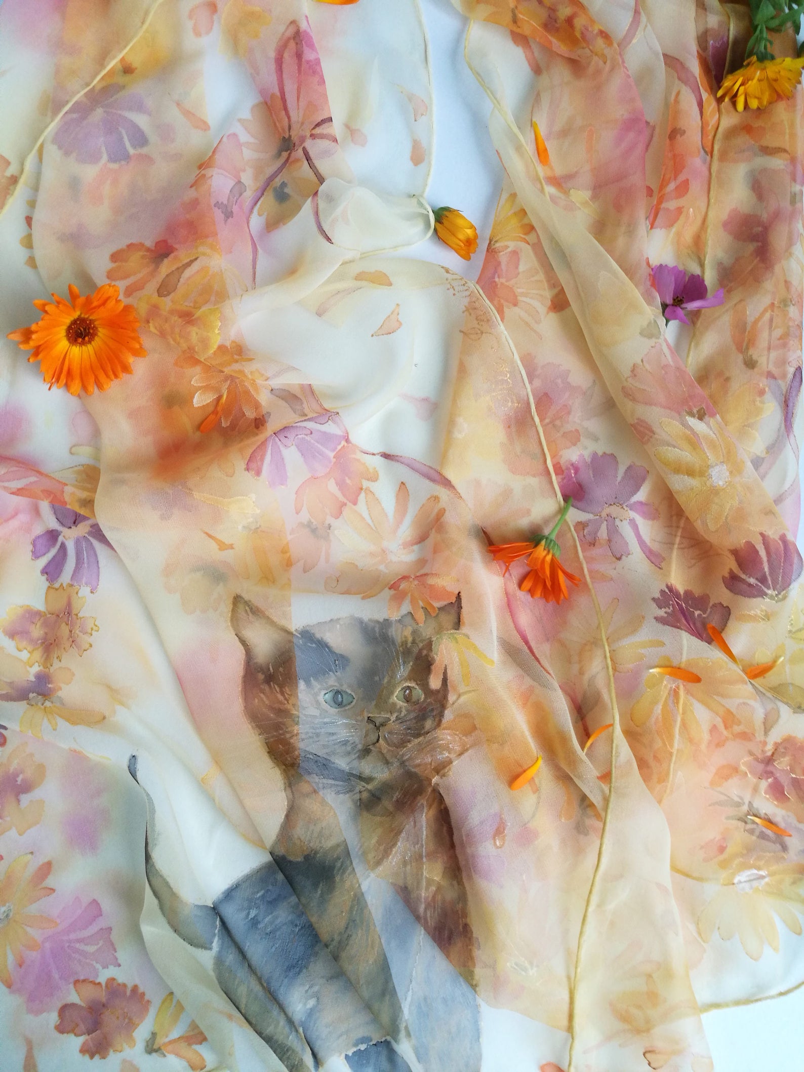October Silk Chiffon Scarf Marigold Calendula Cosmos Beige - Etsy