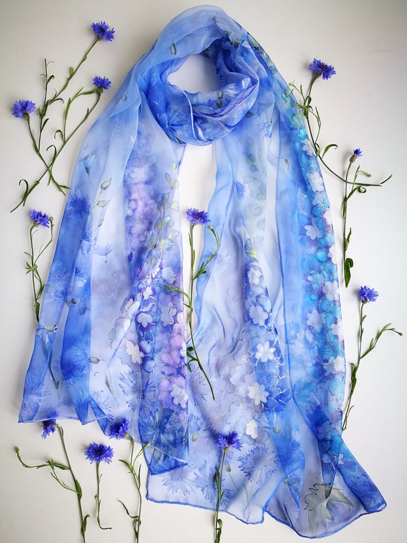 Delphiniums and Cornflowers Silk Chiffon Scarf blue Hand | Etsy