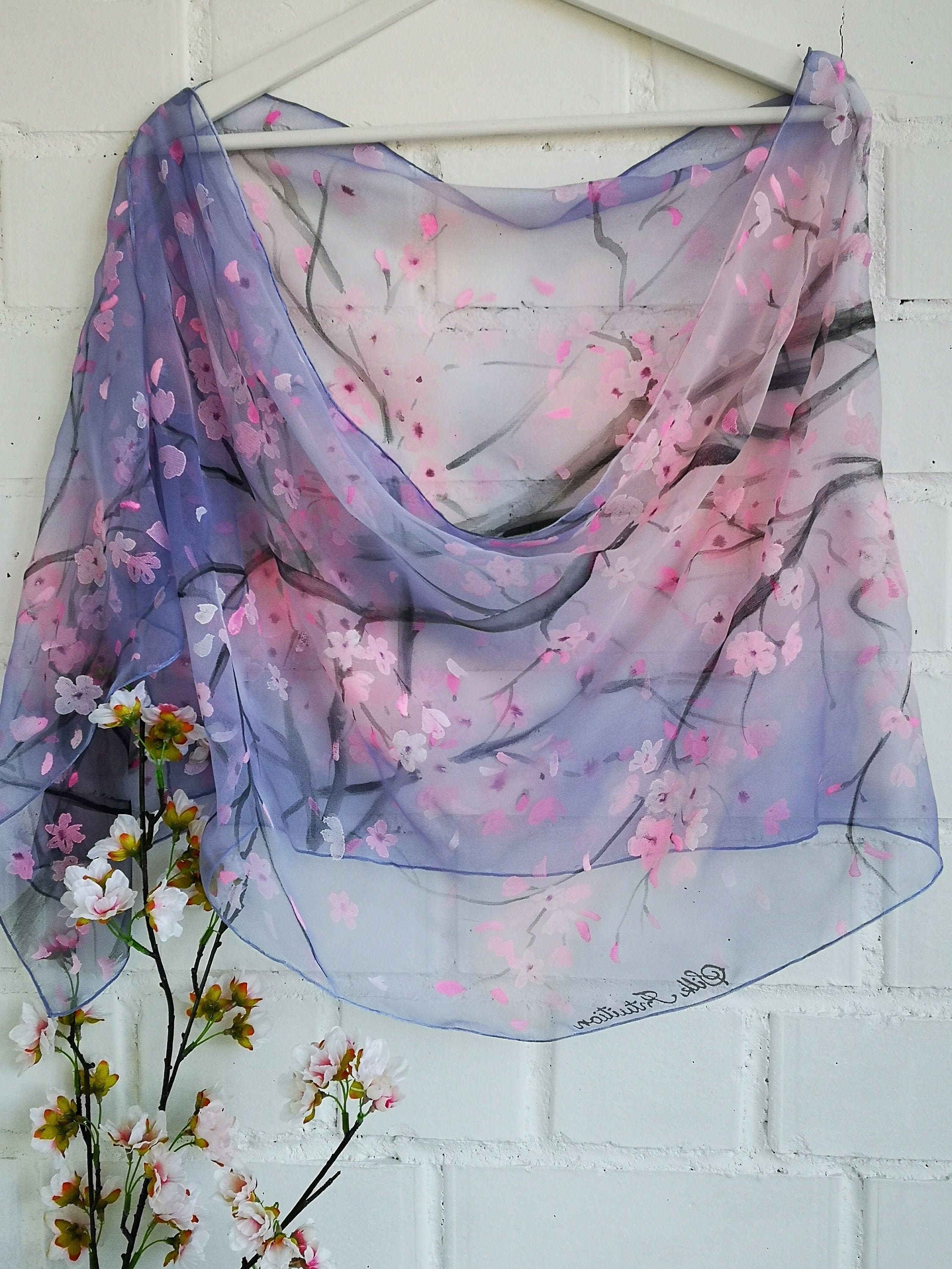 Hand Painted Cherry Blossom Silk Scarf Sakura Silk Chiffon - Etsy UK