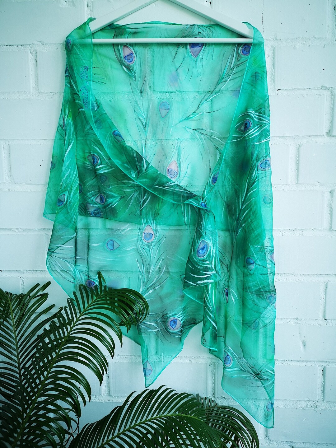 Peacock Feathers Scarf- Hand Painted Emerald/jade Silk Chiffon Shawl ...