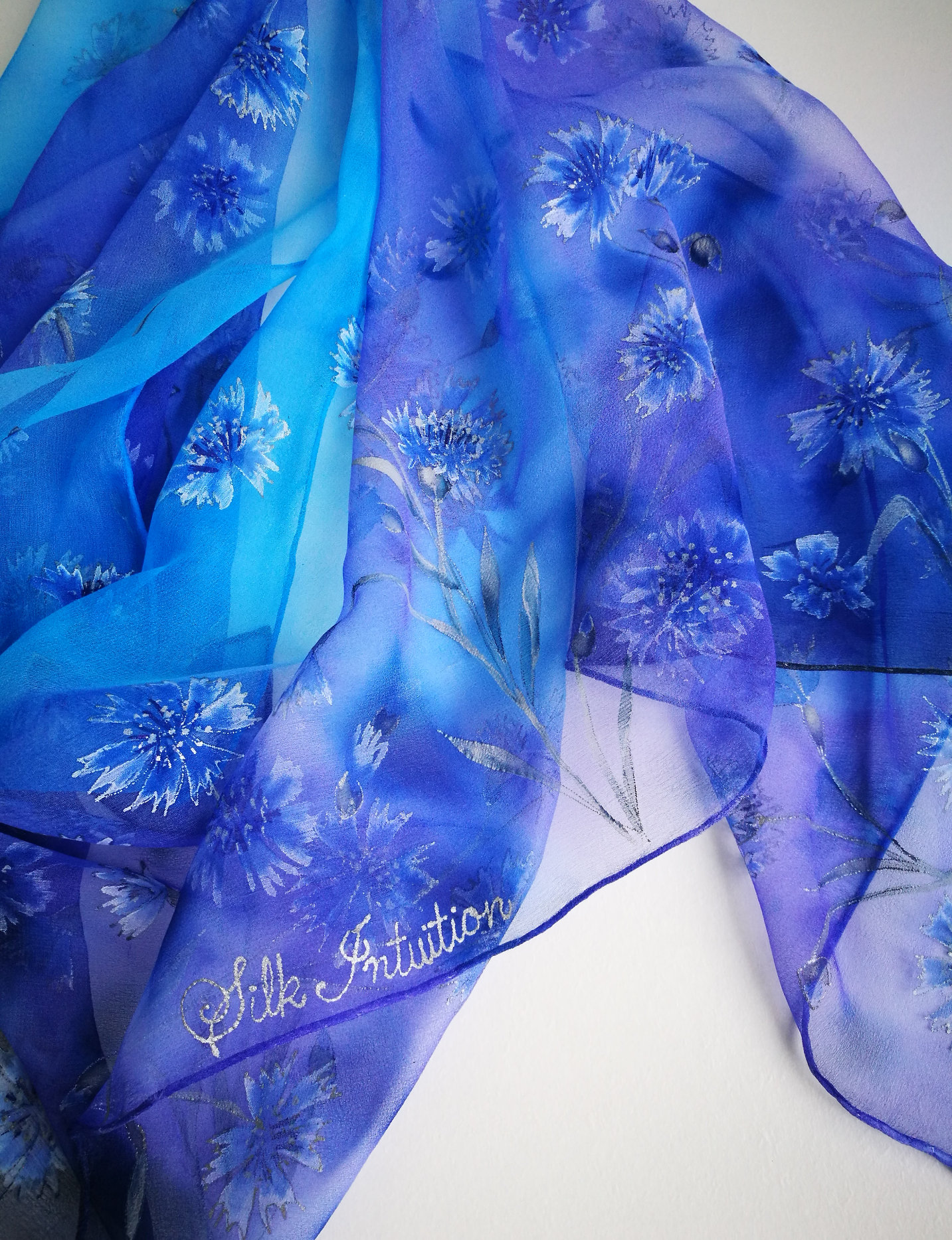 Cornflower blue silk chiffon scarf Hand painted blue floral | Etsy