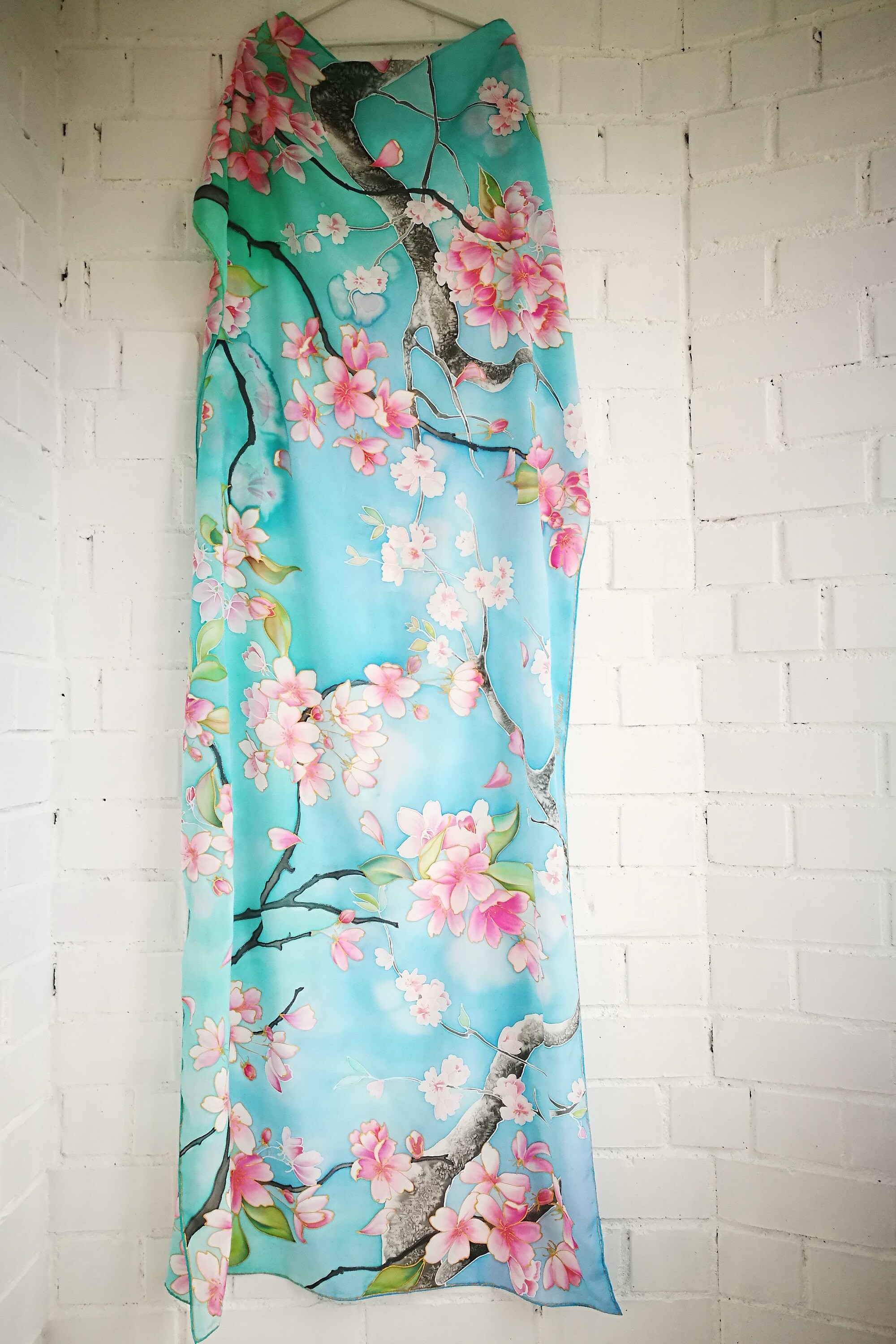 Cherry Blossom Silk Scarf Sakura Wrap Floral Silk Shawl Blue | Etsy