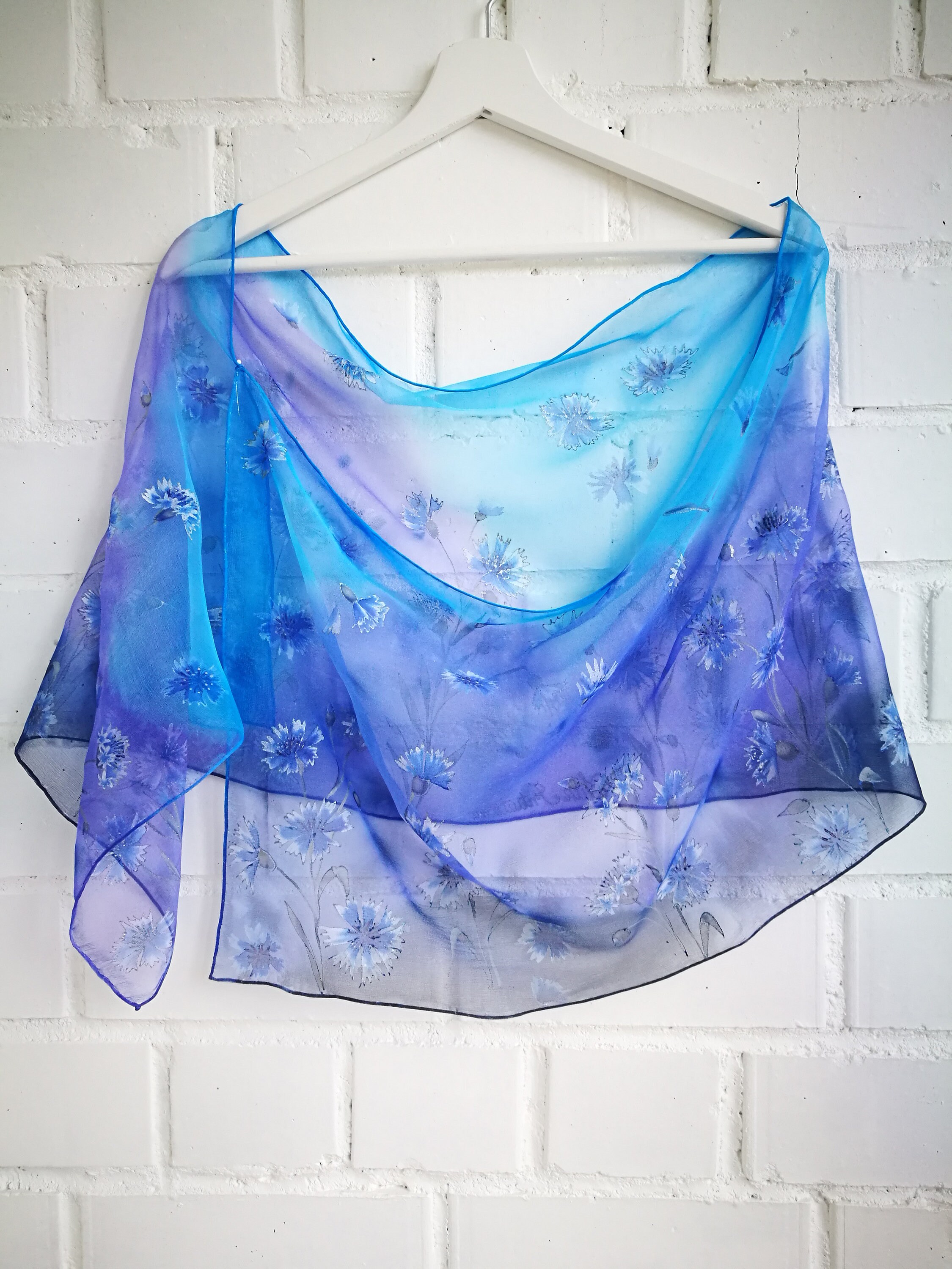 Cornflower blue silk chiffon scarf Hand painted blue floral | Etsy