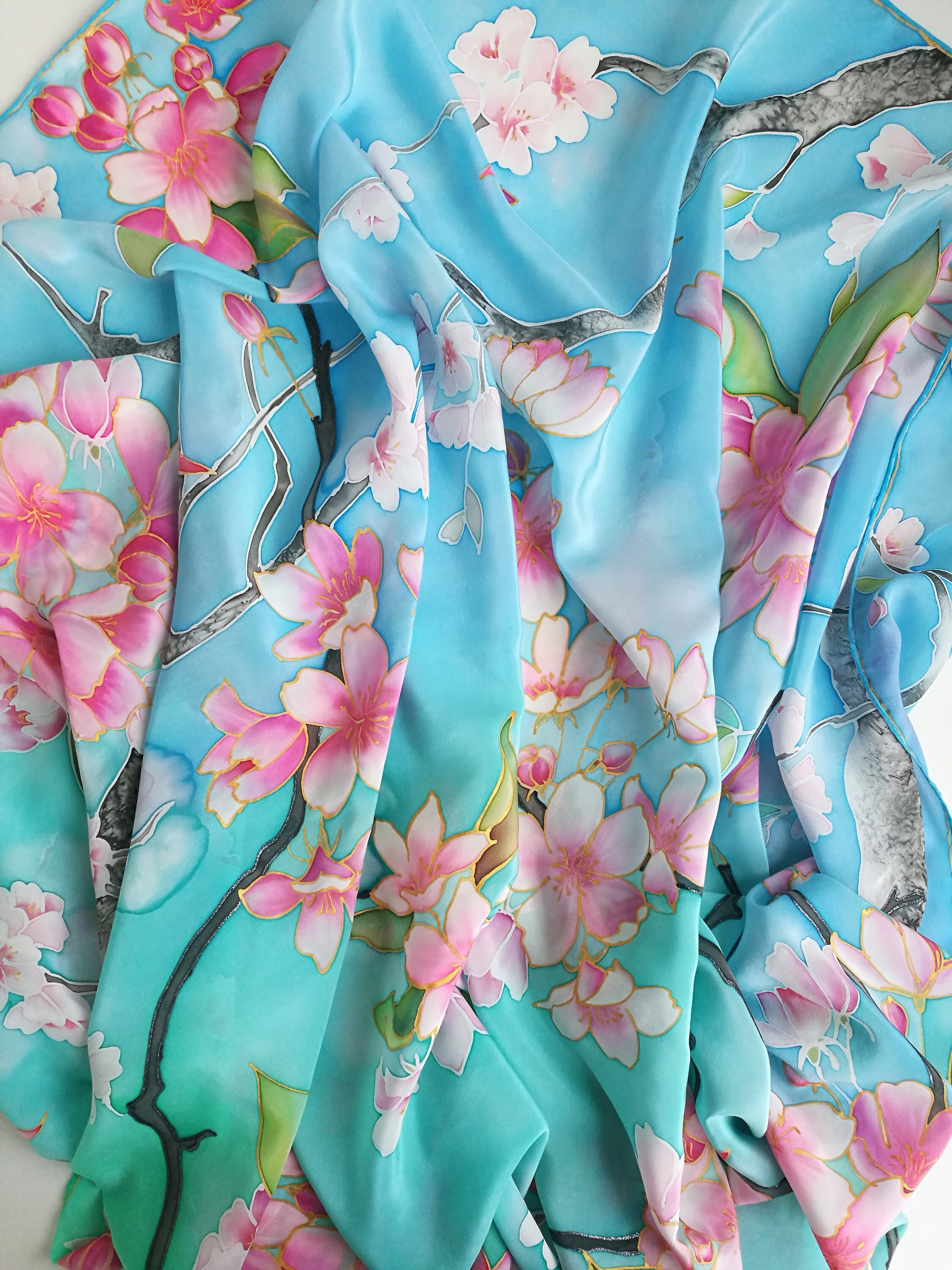 Cherry Blossom Silk Scarf Sakura Wrap Floral Silk Shawl Blue | Etsy