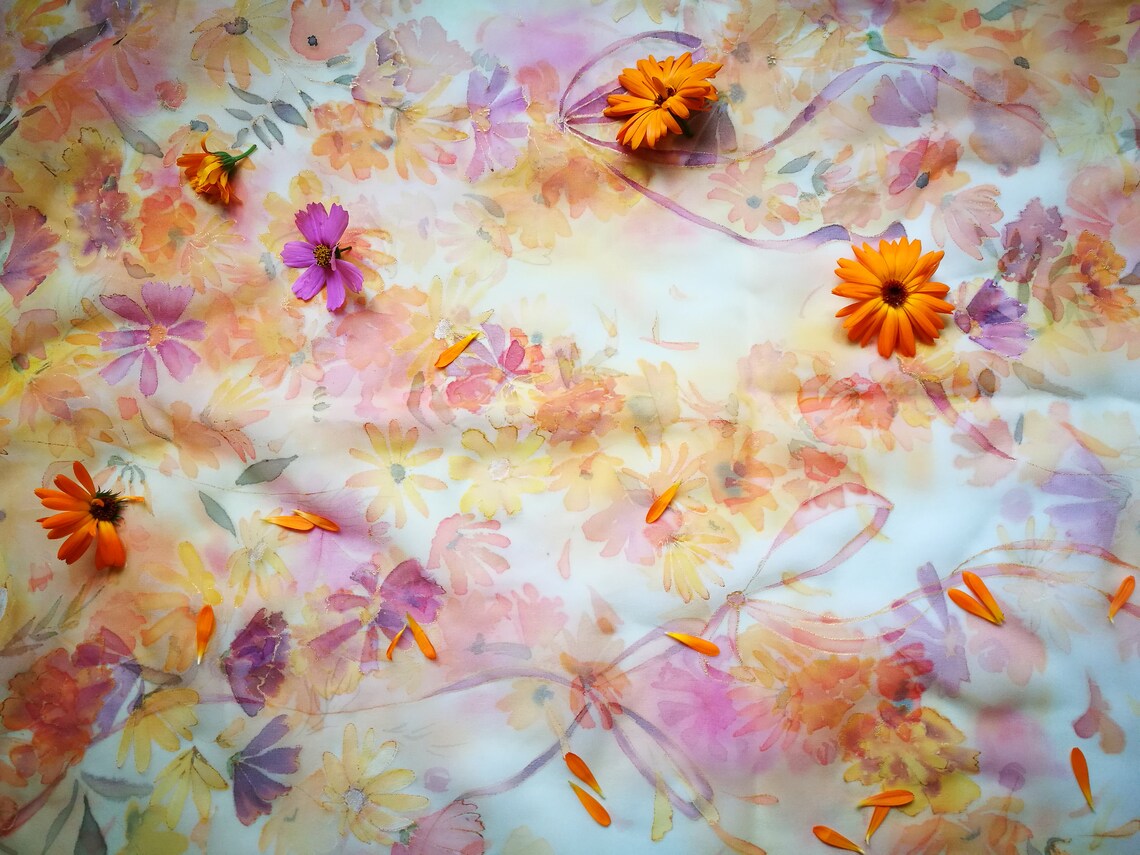 October Silk Chiffon Scarf Marigold Calendula Cosmos Beige - Etsy