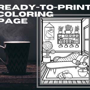 Printable "cozy Tea" Coloring Page | Cute Kitten and Puppy in Calm Cozy ...