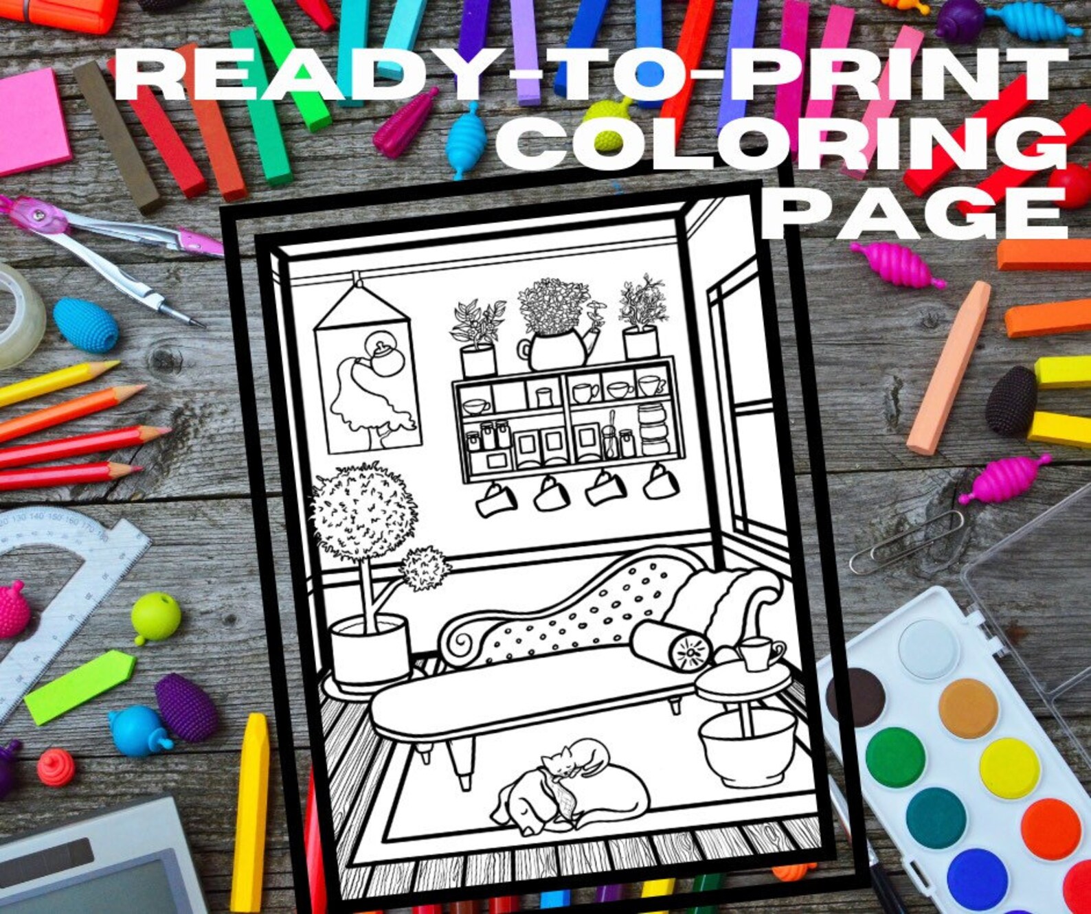 Printable "cozy Tea" Coloring Page | Cute Kitten and Puppy in Calm Cozy ...