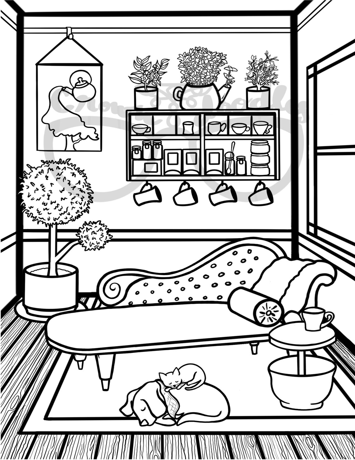 Printable "cozy Tea" Coloring Page | Cute Kitten and Puppy in Calm Cozy ...