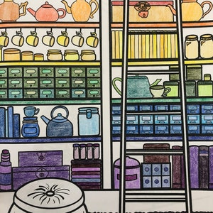 Printable "tea Shoppe Library" Coloring Page | Tea-themed Booklover ...