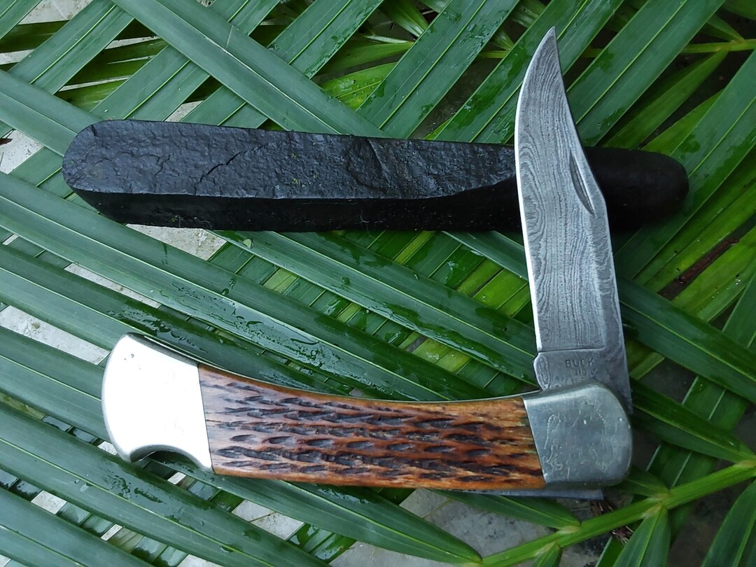 Buck 110 Damascus Blade Knife - Jigged Bone Handles - Folding Pocket ...