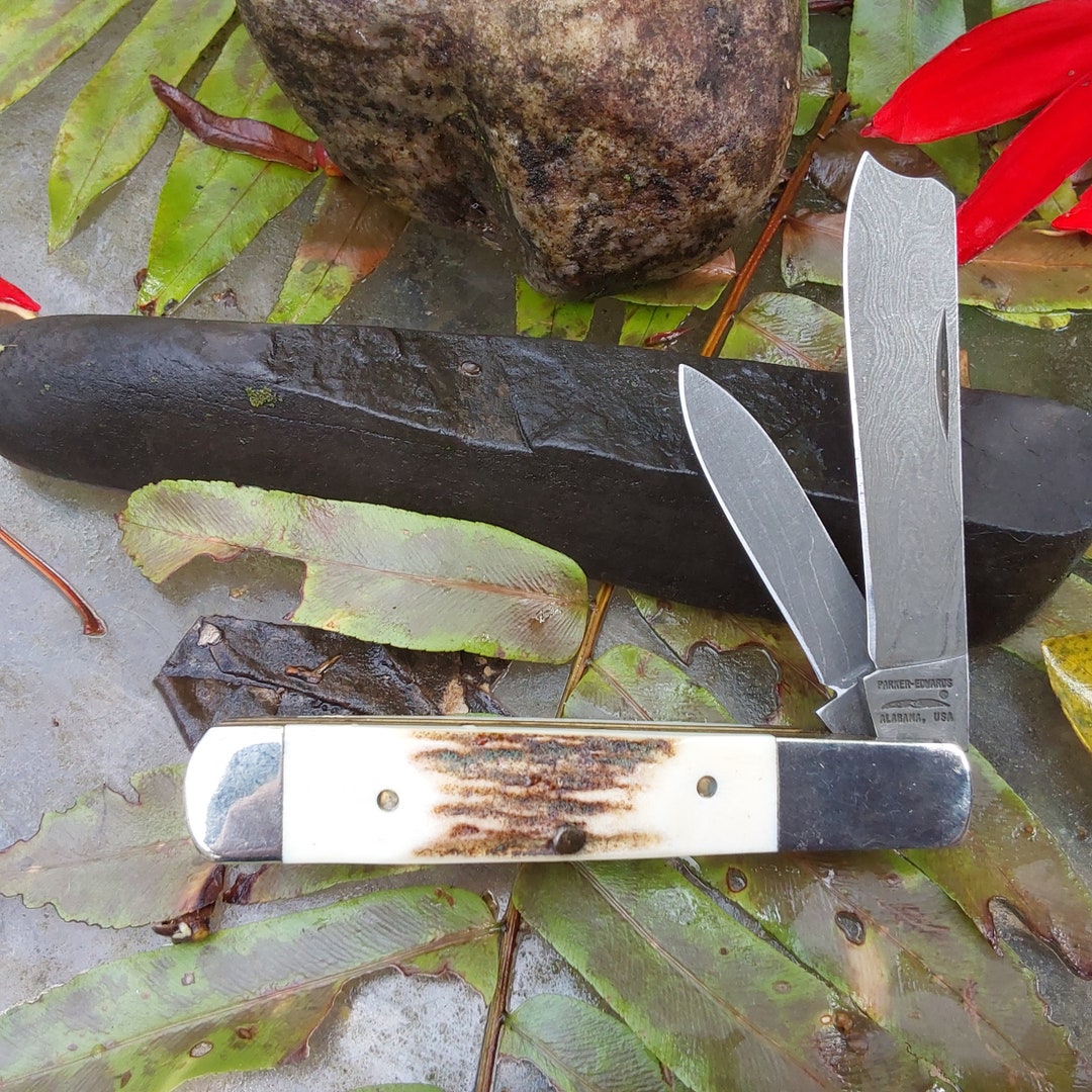 Vintage Parker-edwards Damascus Blade Pocket Knife With Stag Handle - Etsy
