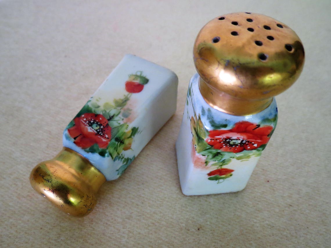 Salt and Pepper Shaker Set Hand Painted Antique Poppies | Etsy