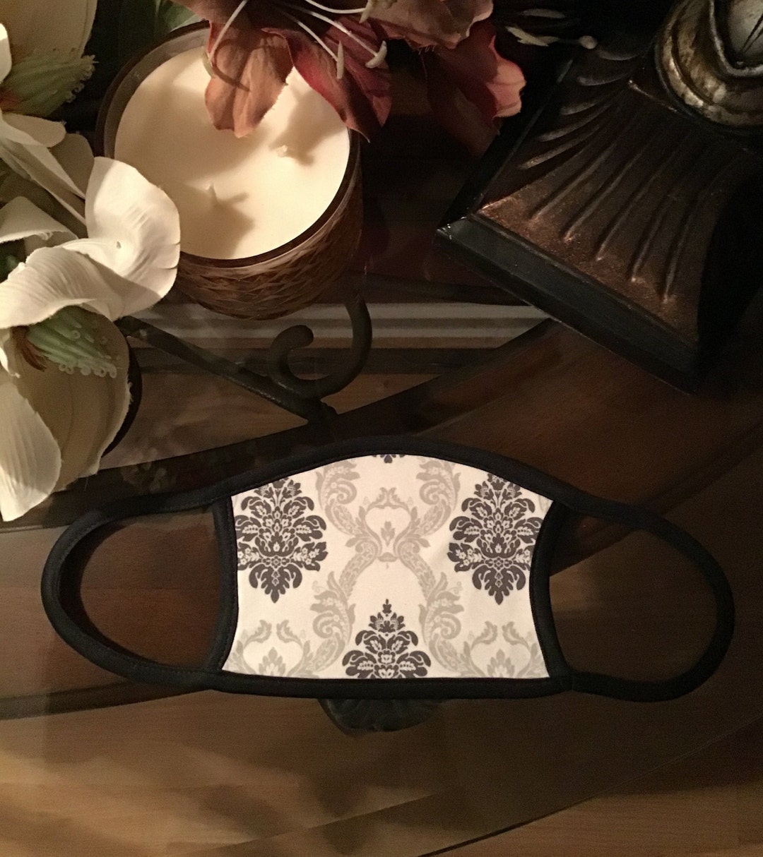 Damask Design Face Three Layer Mask Damask Gray, Black, White, Burgundy ...