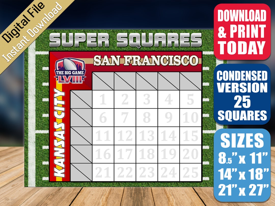 Super Squares 25 Condensed Edition Football Pool Box Game Printable ...