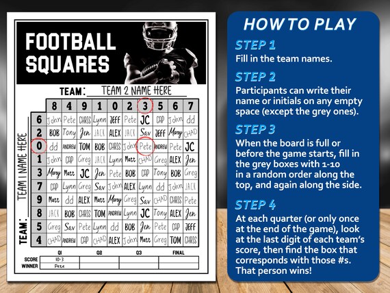 Reusable 4 Quarter Football Squares Super 100 Box Grid Pool Game Instant Download Print Any Game Watch Party Prizes