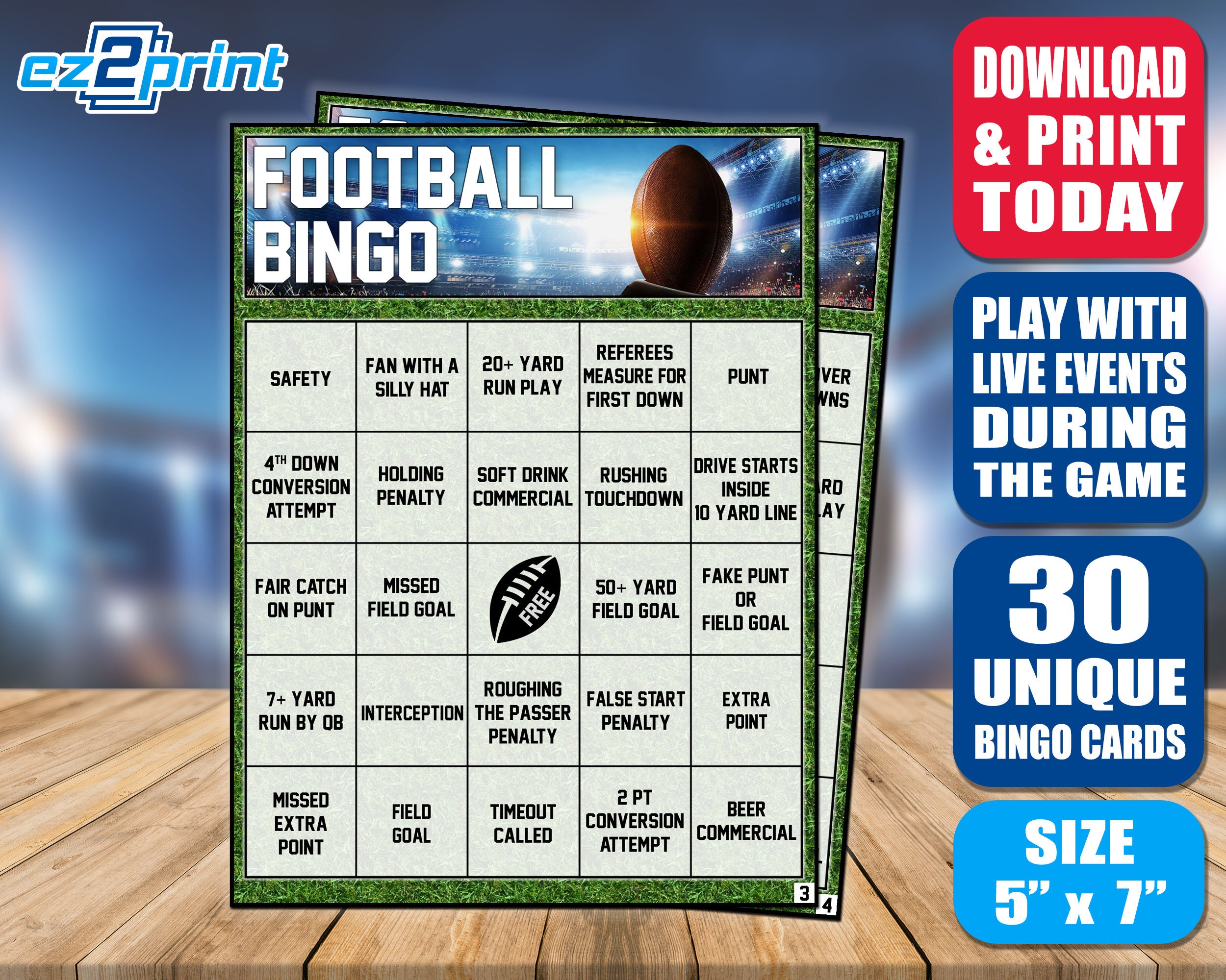 Football Bingo Cards - 30 Pack - Digital Instant Download - Watch the ...