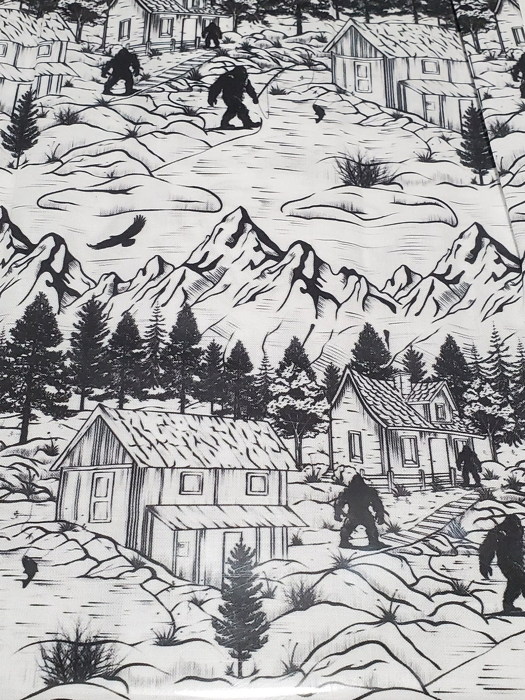 Bigfoot Sasquatch Cabin Toile 18"x18" Quilters Cotton Square - Etsy