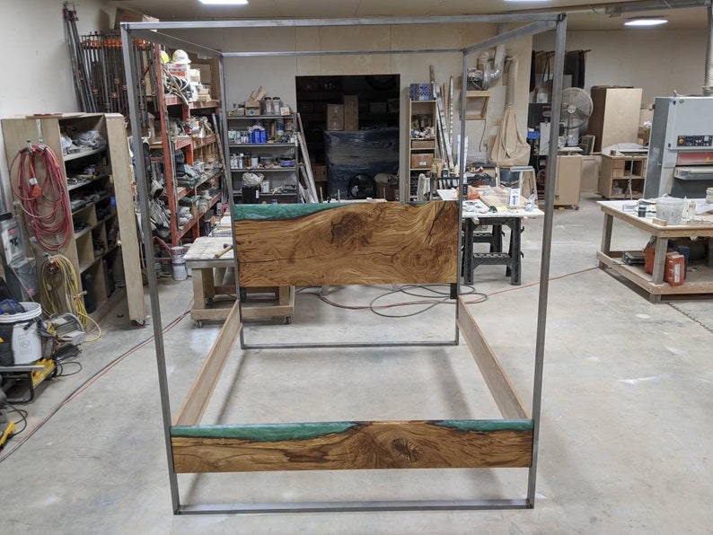 Custom Made Epoxy Resin and Wood River Bed With Metal Posts and Canopy ...