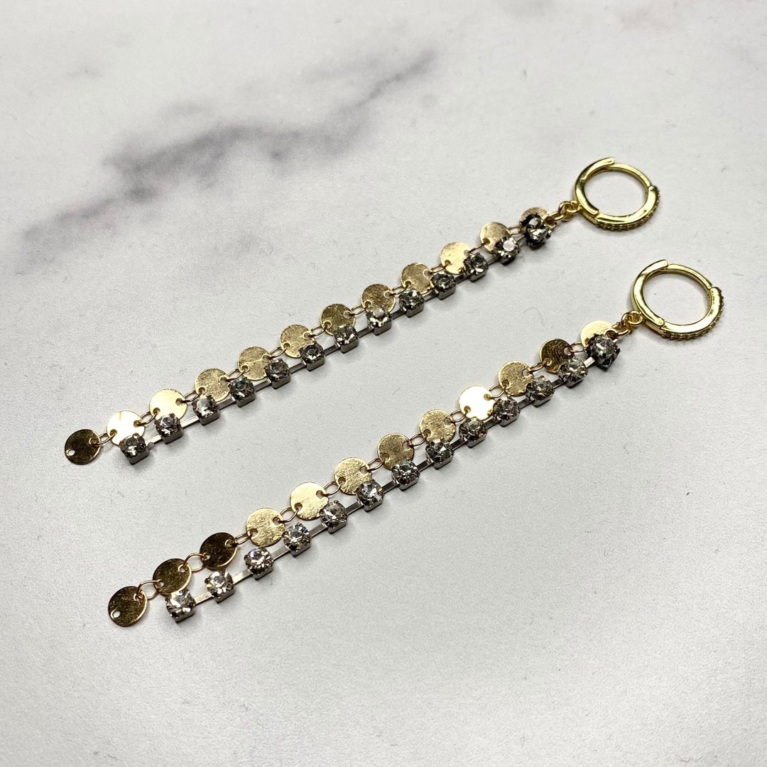 Gold Sequin Chain and Crystal Long Drop Earrings - Etsy