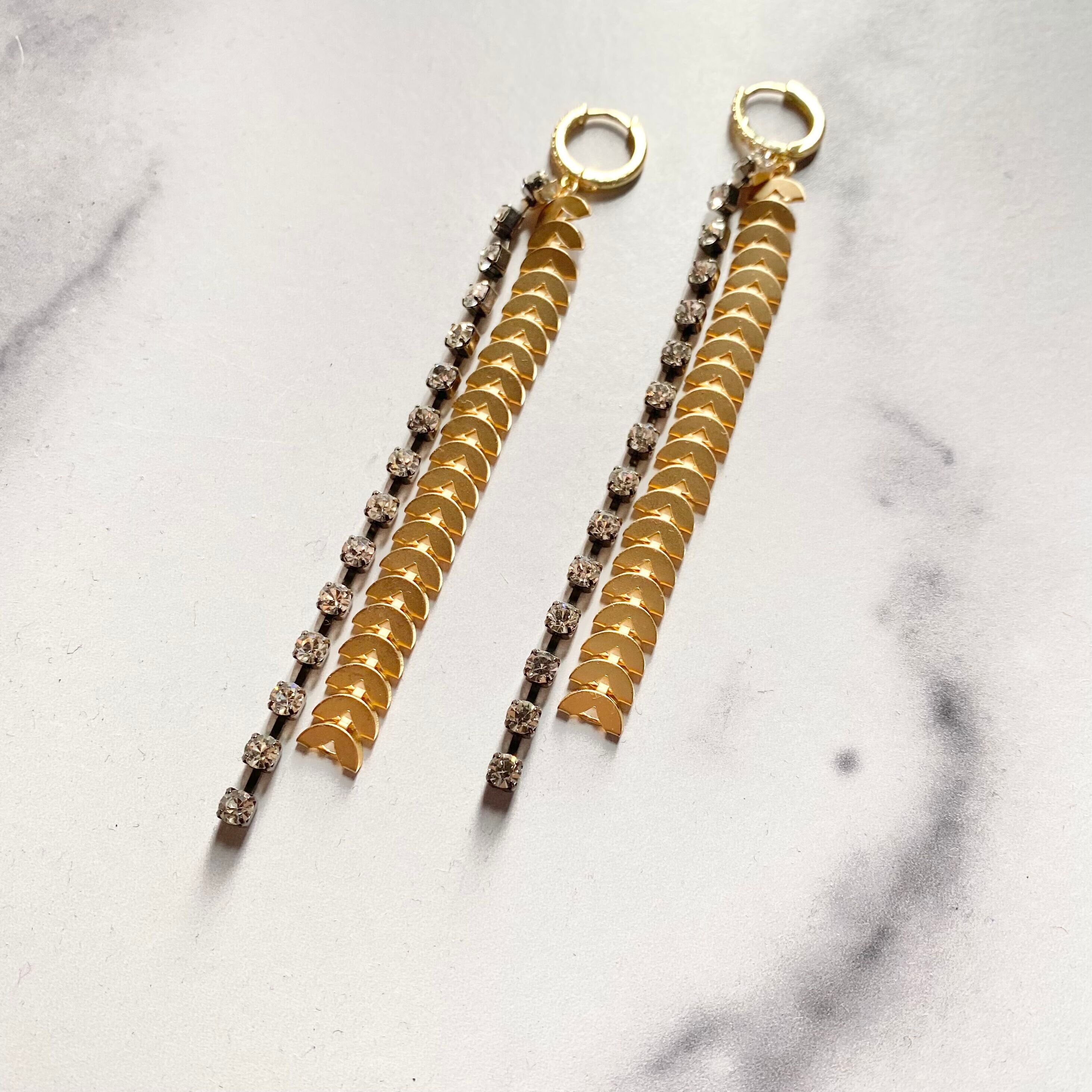 Gold Half Circle Chain Link and Crystal Long Drop Earrings - Etsy