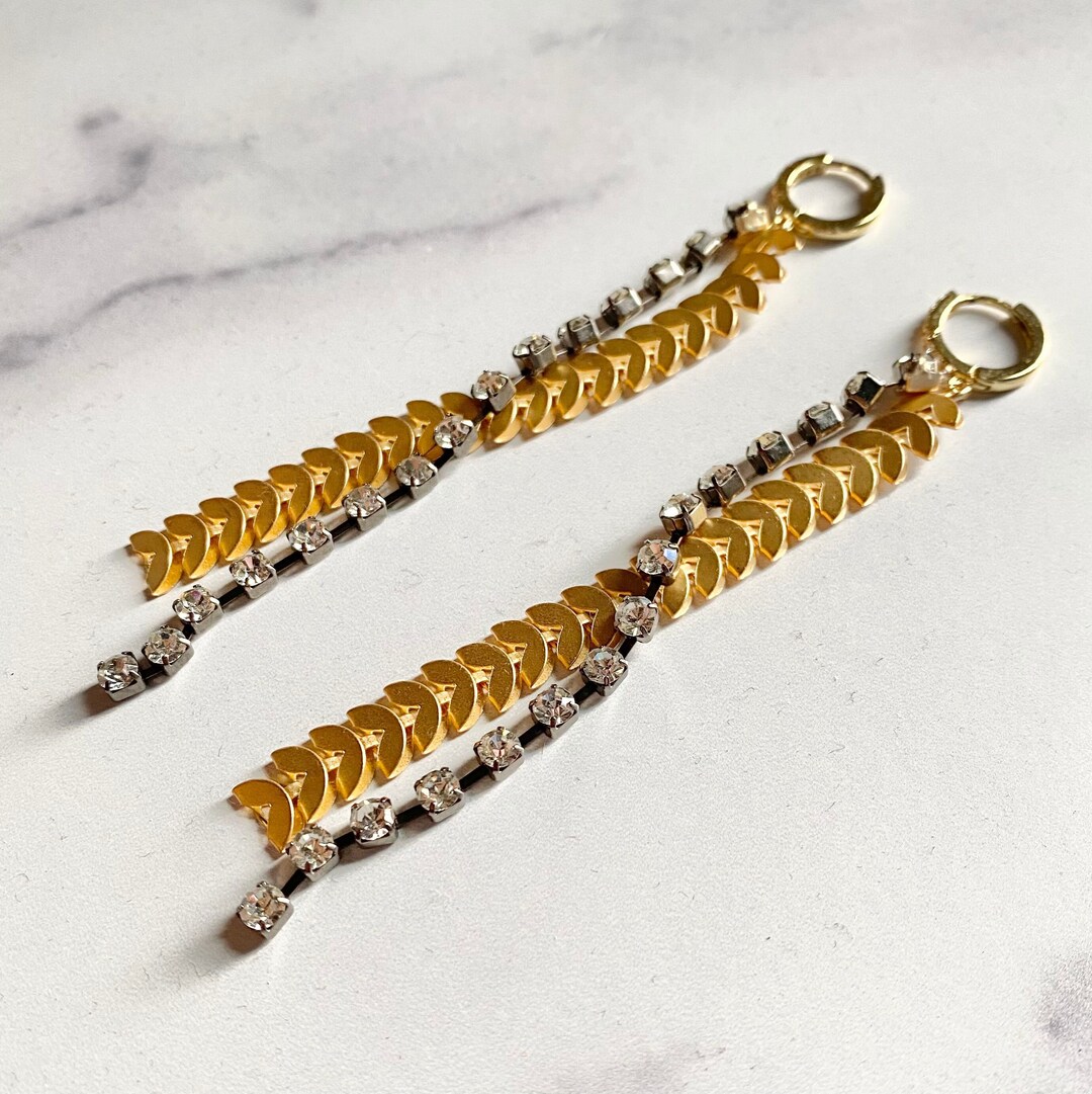 Gold Half Circle Chain Link and Crystal Long Drop Earrings - Etsy