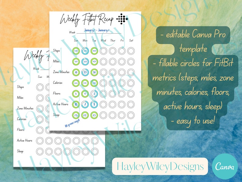 Weekly Fitbit Tracker Editable Fitness Tracker Canva Pro Template ...