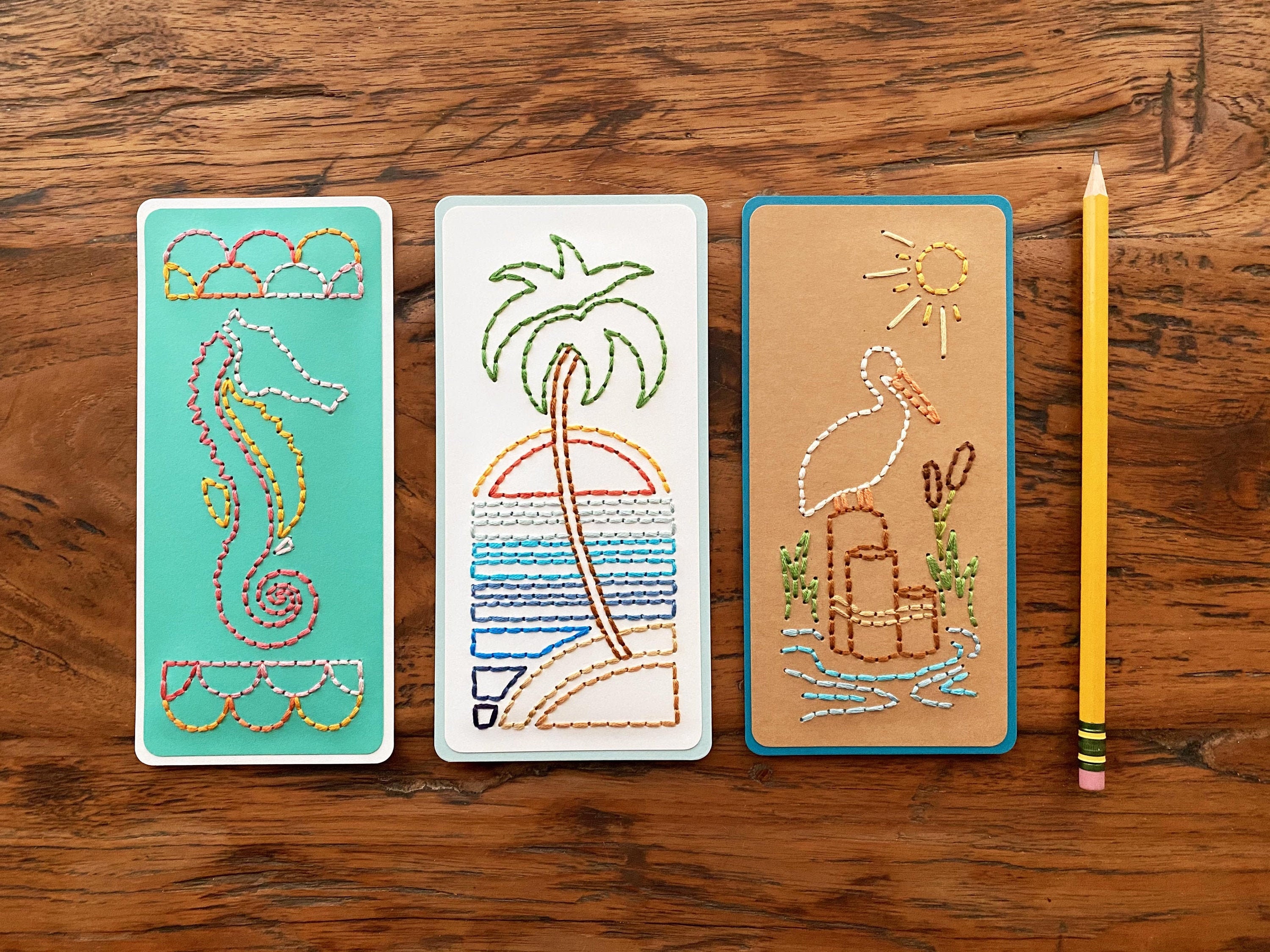 Coastal Bookmark Bookmarks Hand Sewn Bookmark Pelican Sunset Seahorse ...