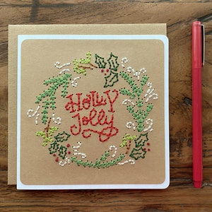 Holly Jolly Card | Christmas Card | Handsewn | Christmas Wreath ...