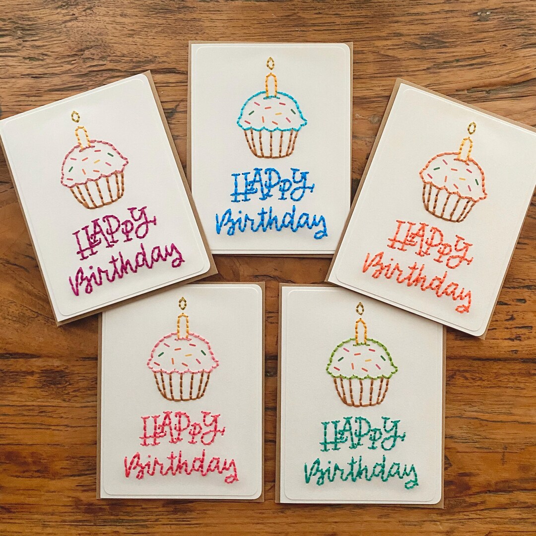 Hand Stitched Cupcake Birthday Card: Colorful Threads - Etsy